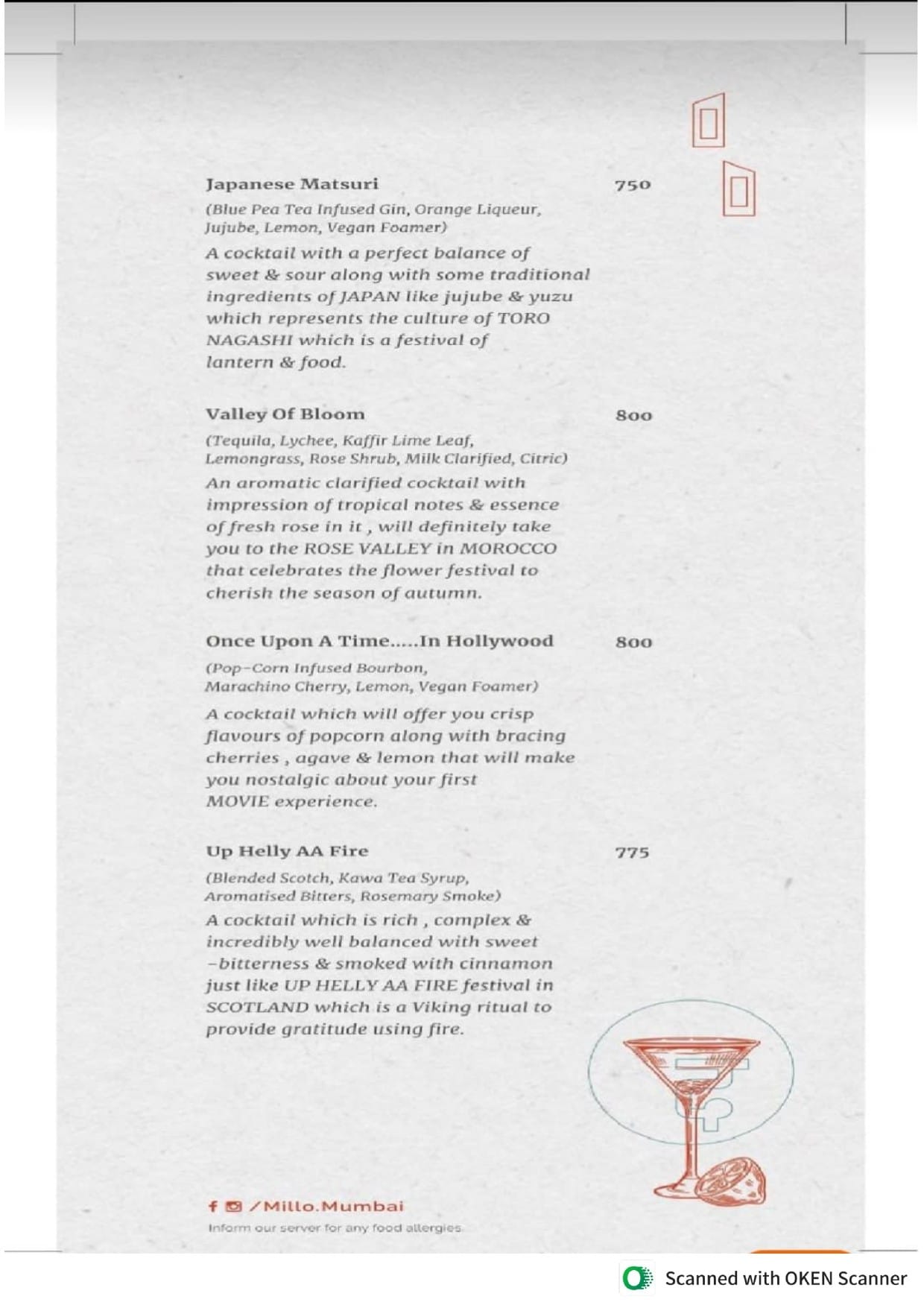 Menu of Millo, Lower Parel, South Mumbai