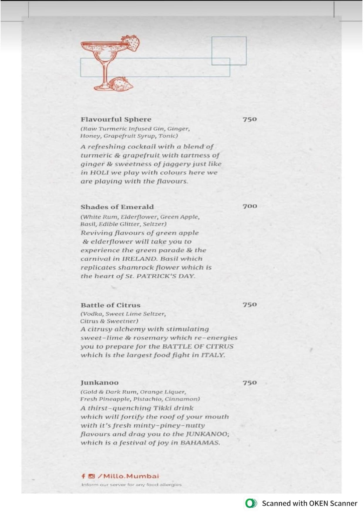 Menu of Millo, Lower Parel, South Mumbai