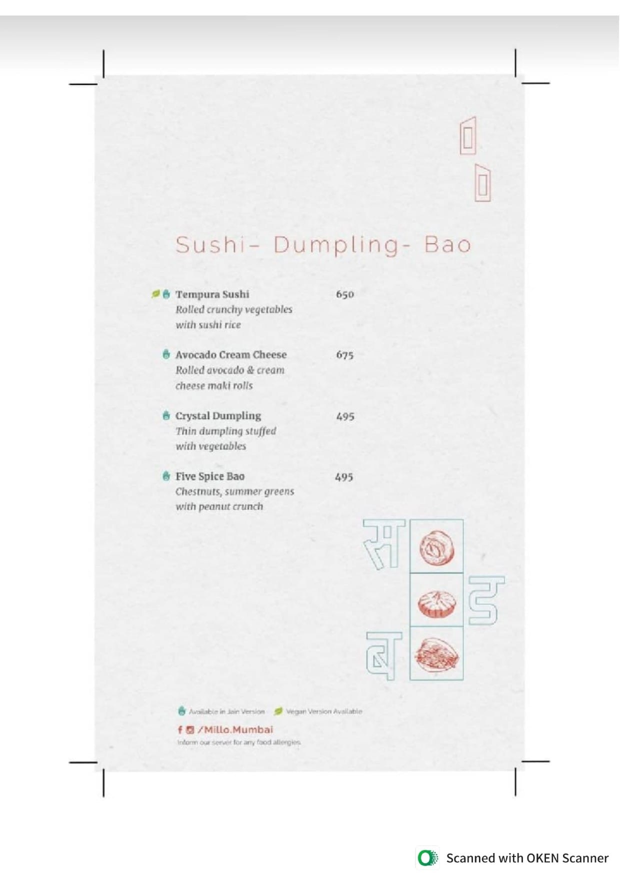 Menu of Millo, Lower Parel, South Mumbai