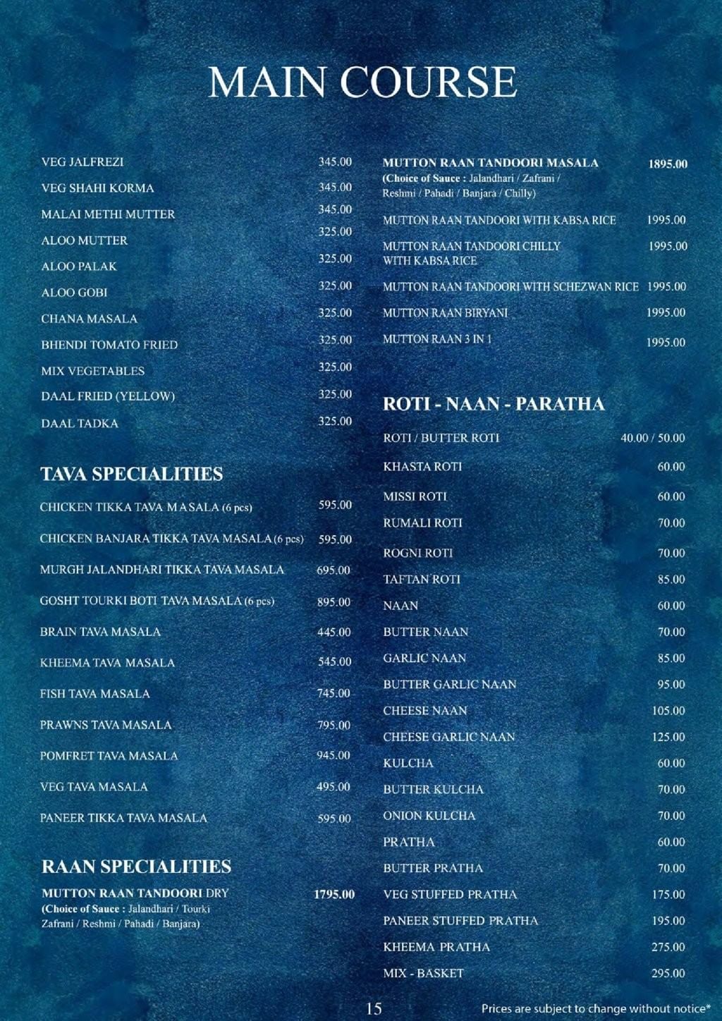 Menu of Persian Darbar, Camp Area, Pune