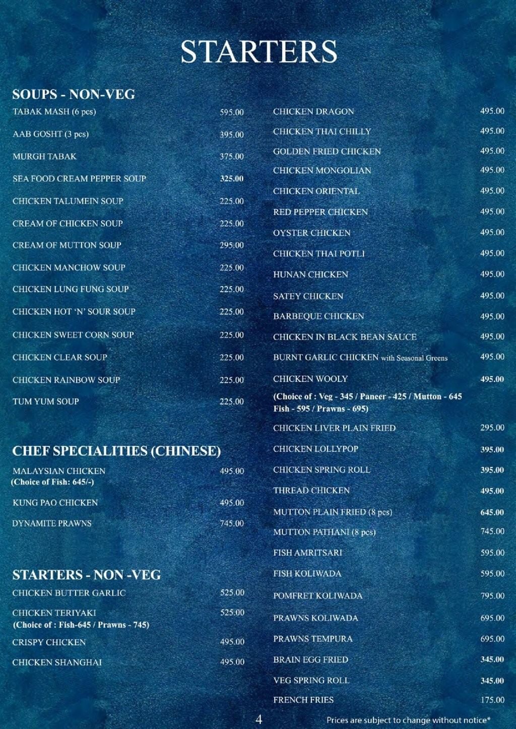 Menu of Persian Darbar, Camp Area, Pune