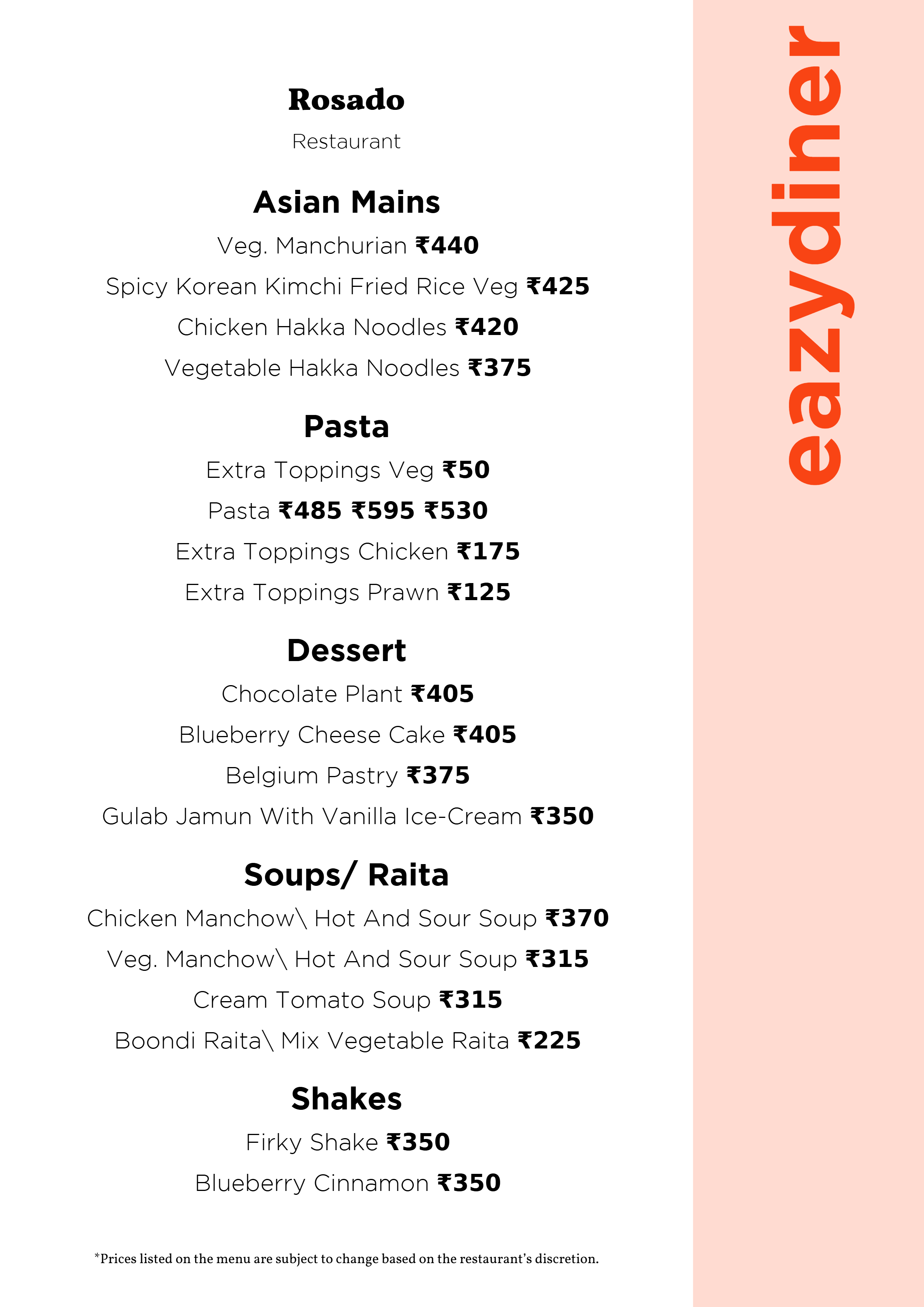 Menu of Rosado, Vaishali Nagar, Jaipur
