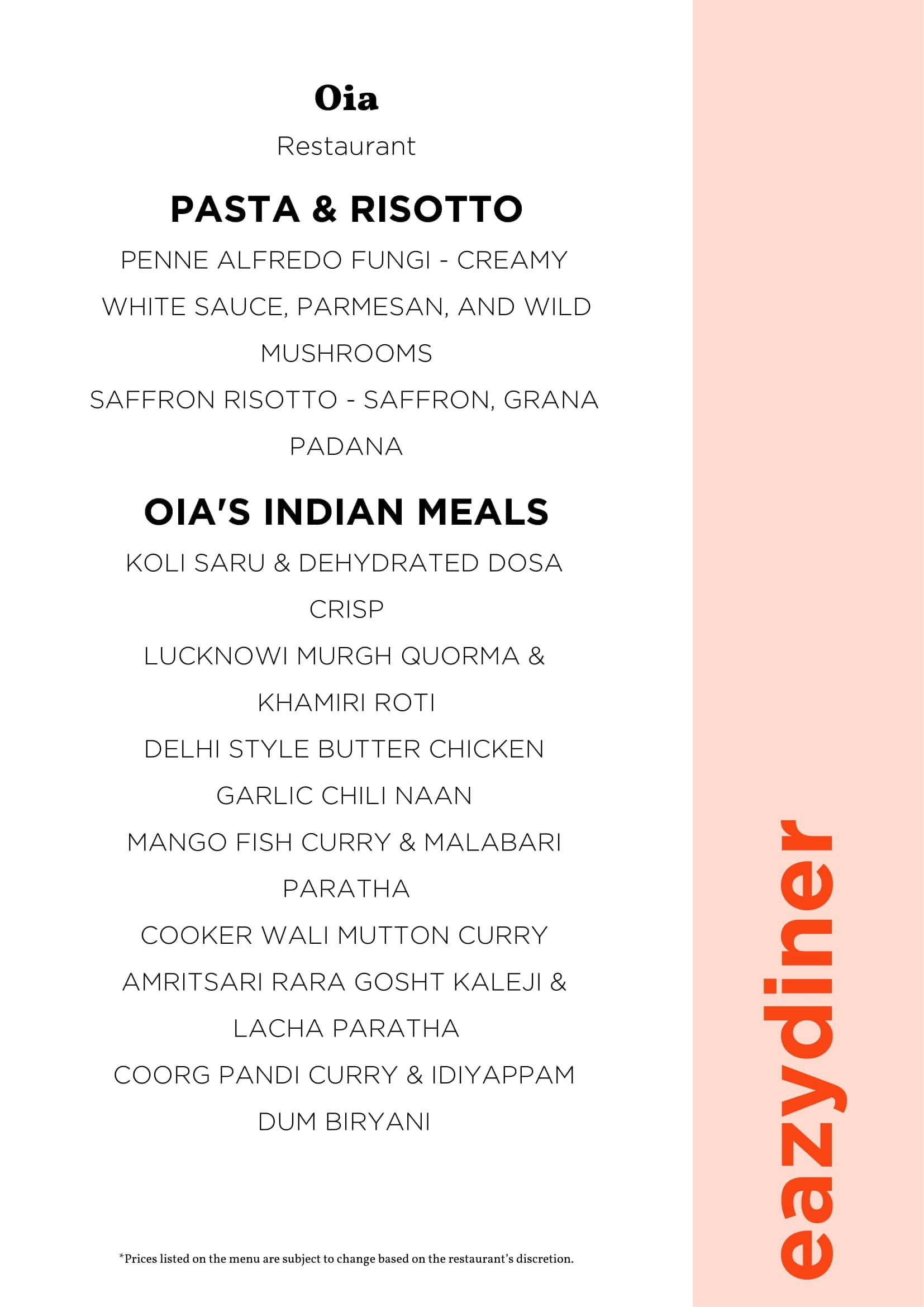 Menu of Oia, Hennur, North Bengaluru