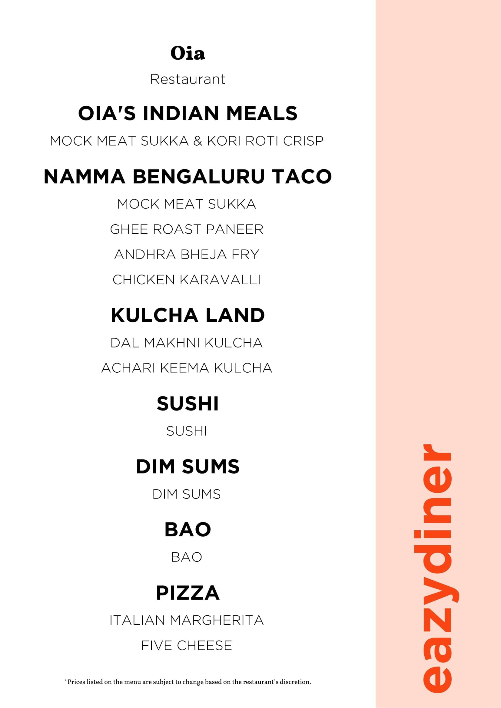 Menu of Oia, Hennur, North Bengaluru