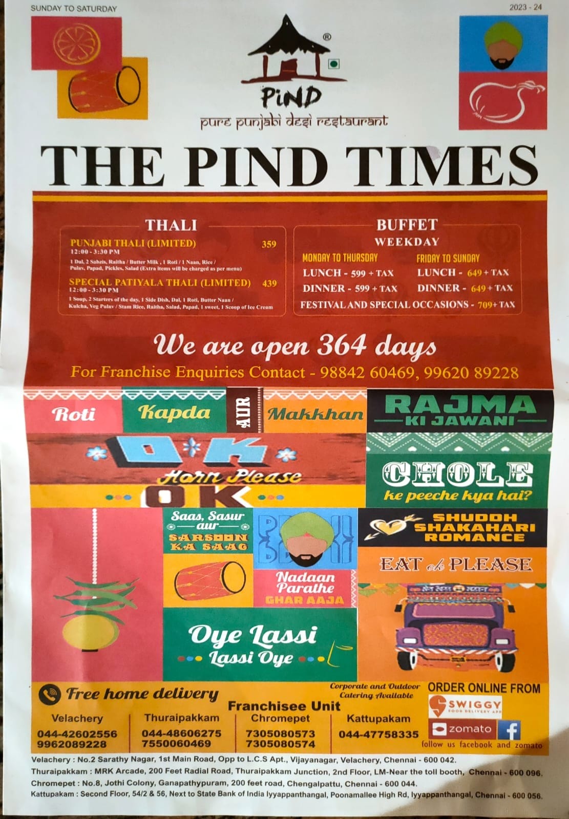 Menu of Pind, Iyyappanthangal, Chennai