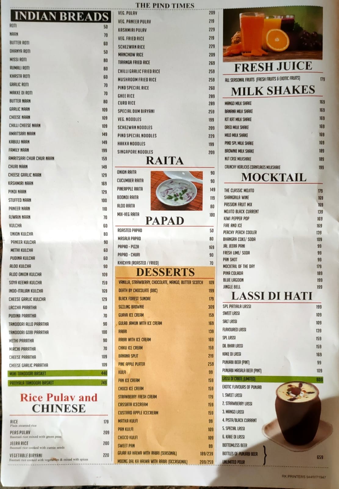 Menu of Pind, Iyyappanthangal, Chennai