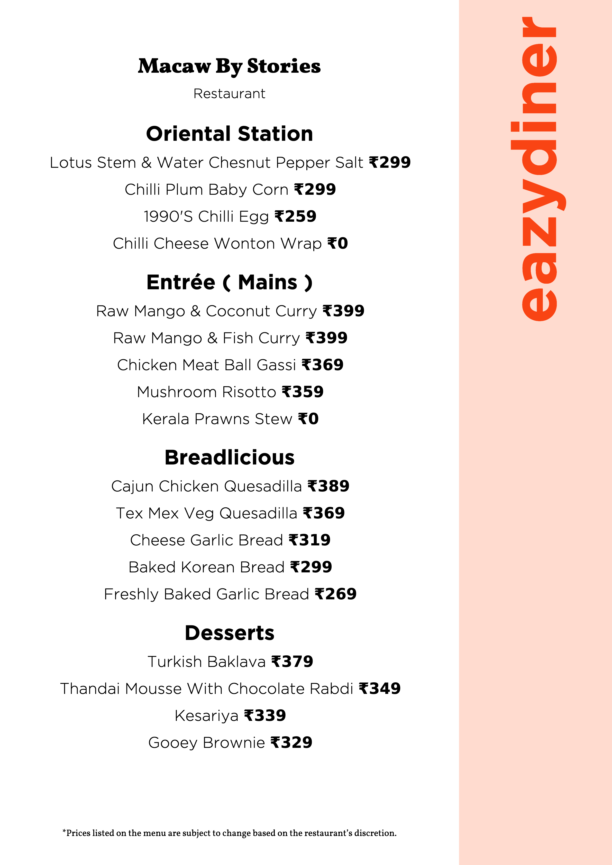 Menu of Macaw By Stories, Singsandra Hosur Main Road