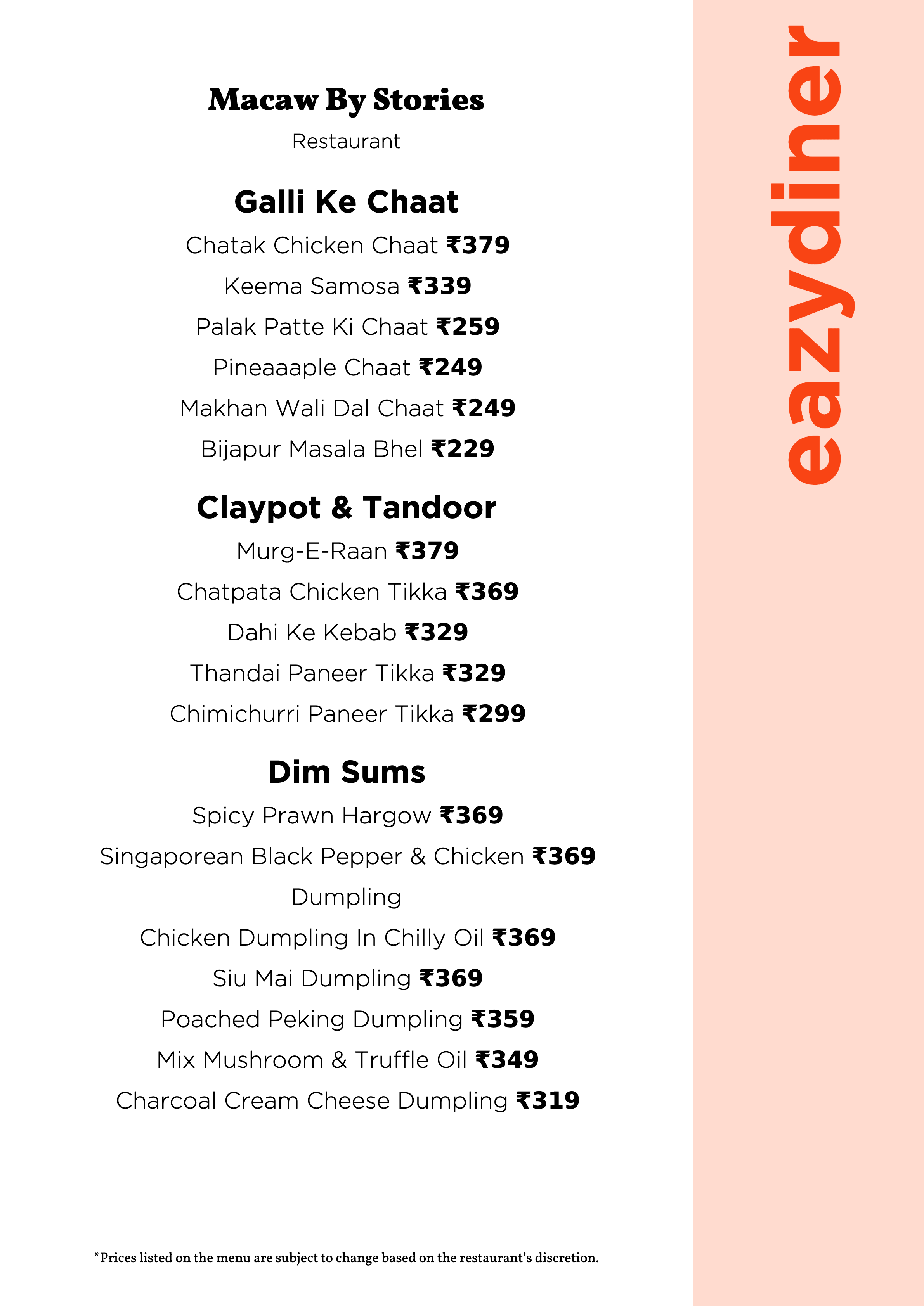 Menu of Macaw By Stories, Singsandra Hosur Main Road