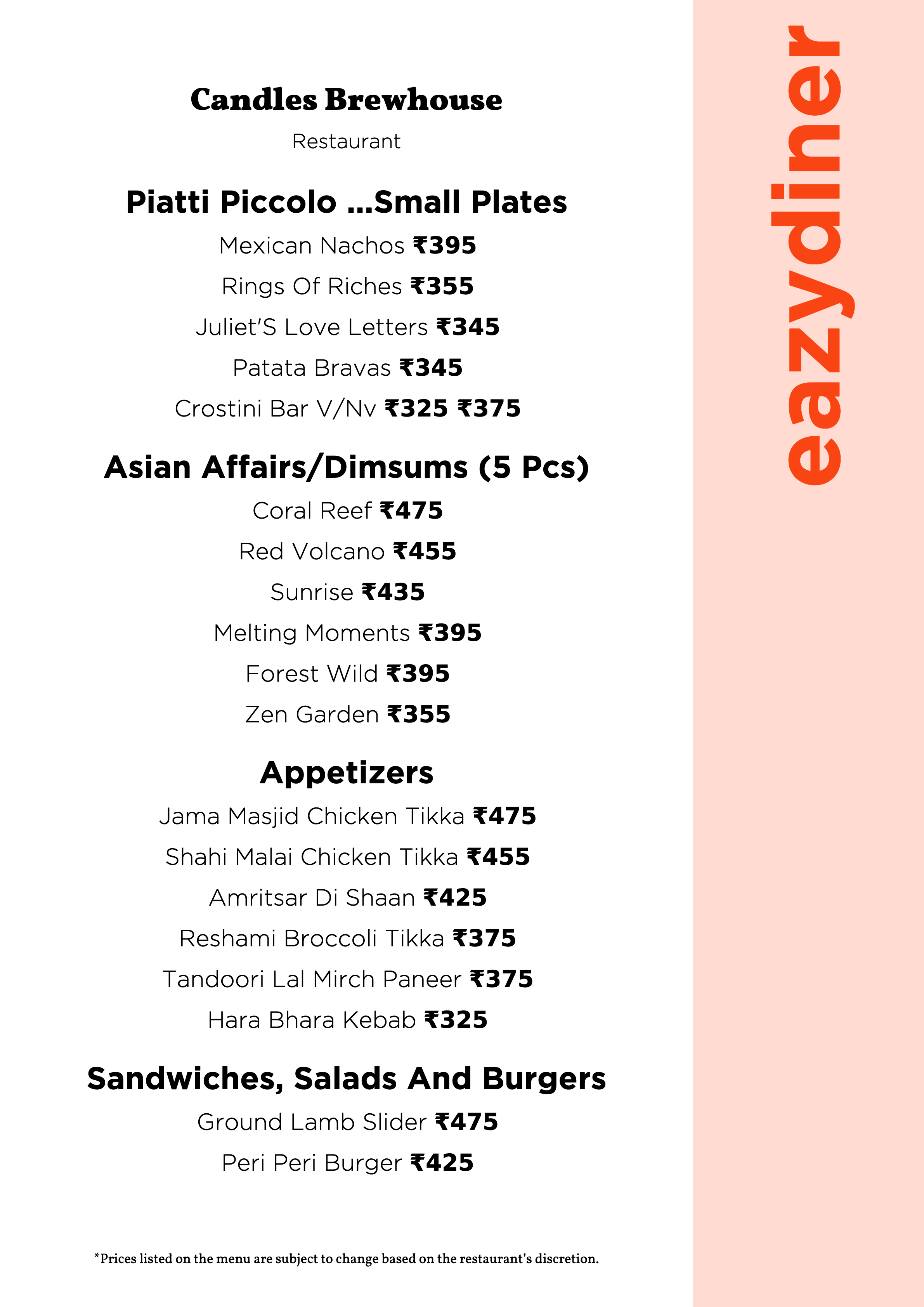Menu of Candles Brewhouse, Hebbal, North Bengaluru