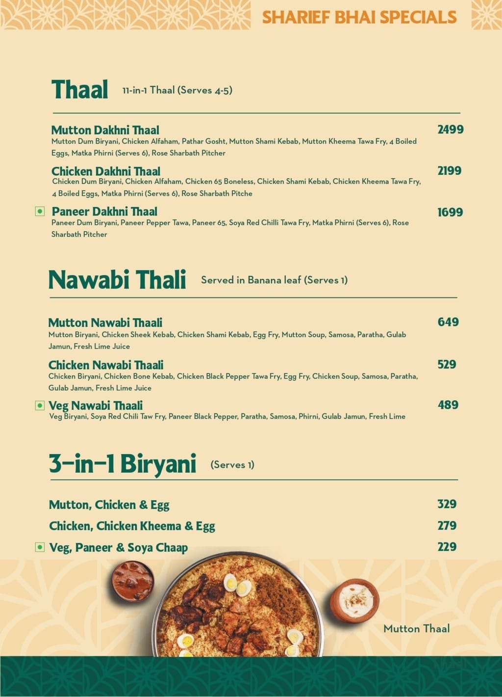 Menu of Sharief Bhai Biryani, Whitefield, East Bengaluru