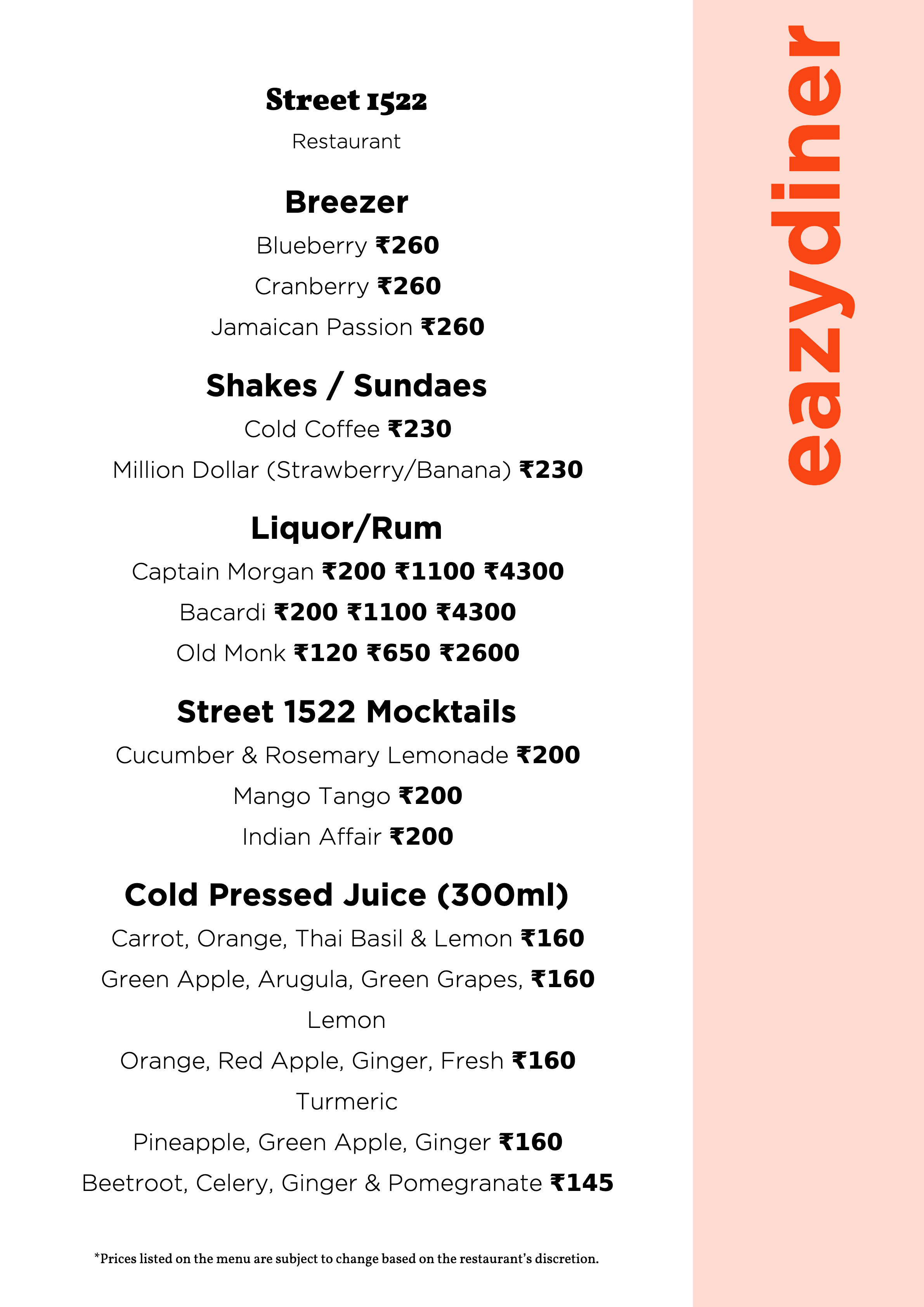 Menu of Street 1522, Sarjapur Road, South Bengaluru