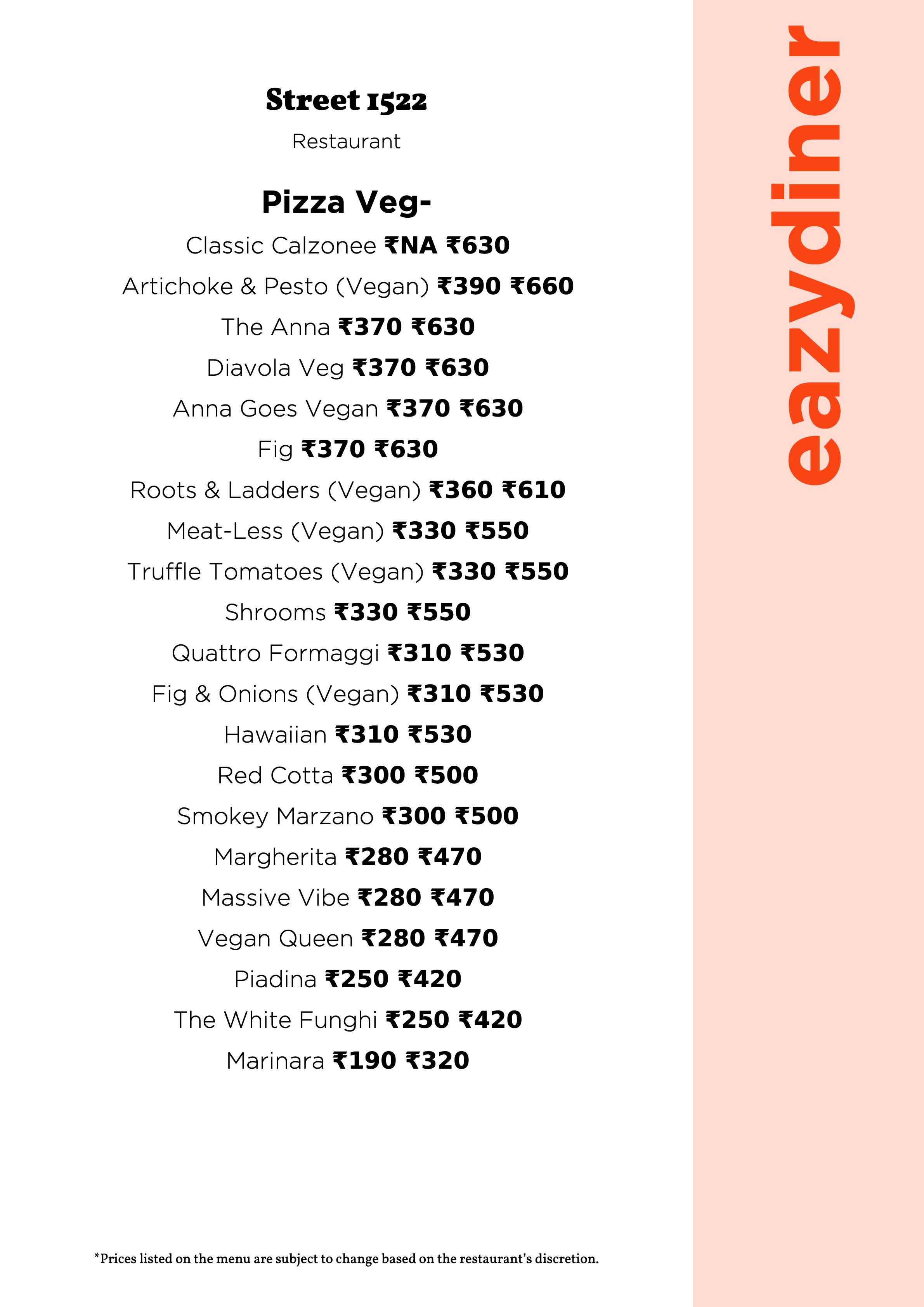 Menu of Street 1522, Sarjapur Road, South Bengaluru