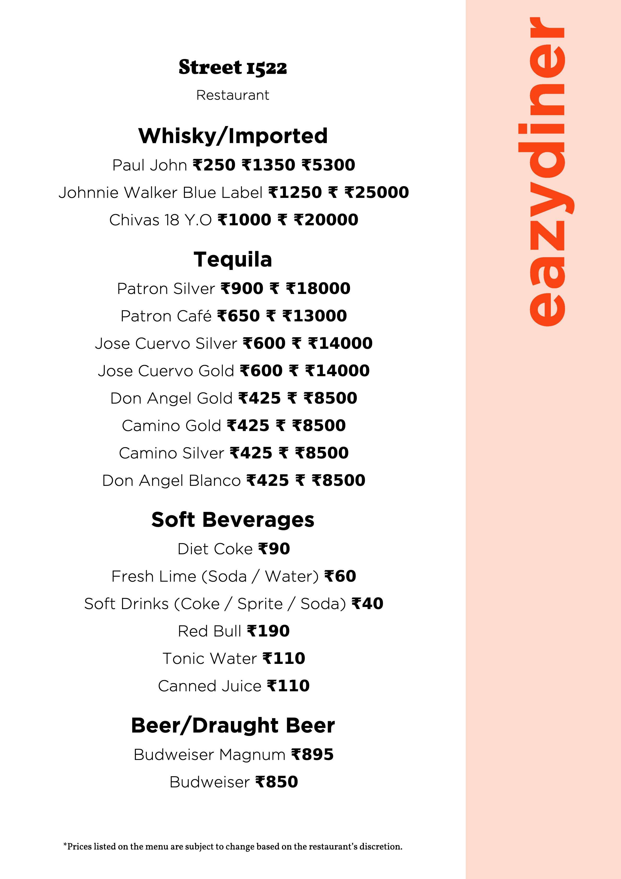 Menu of Street 1522, Sarjapur Road, South Bengaluru