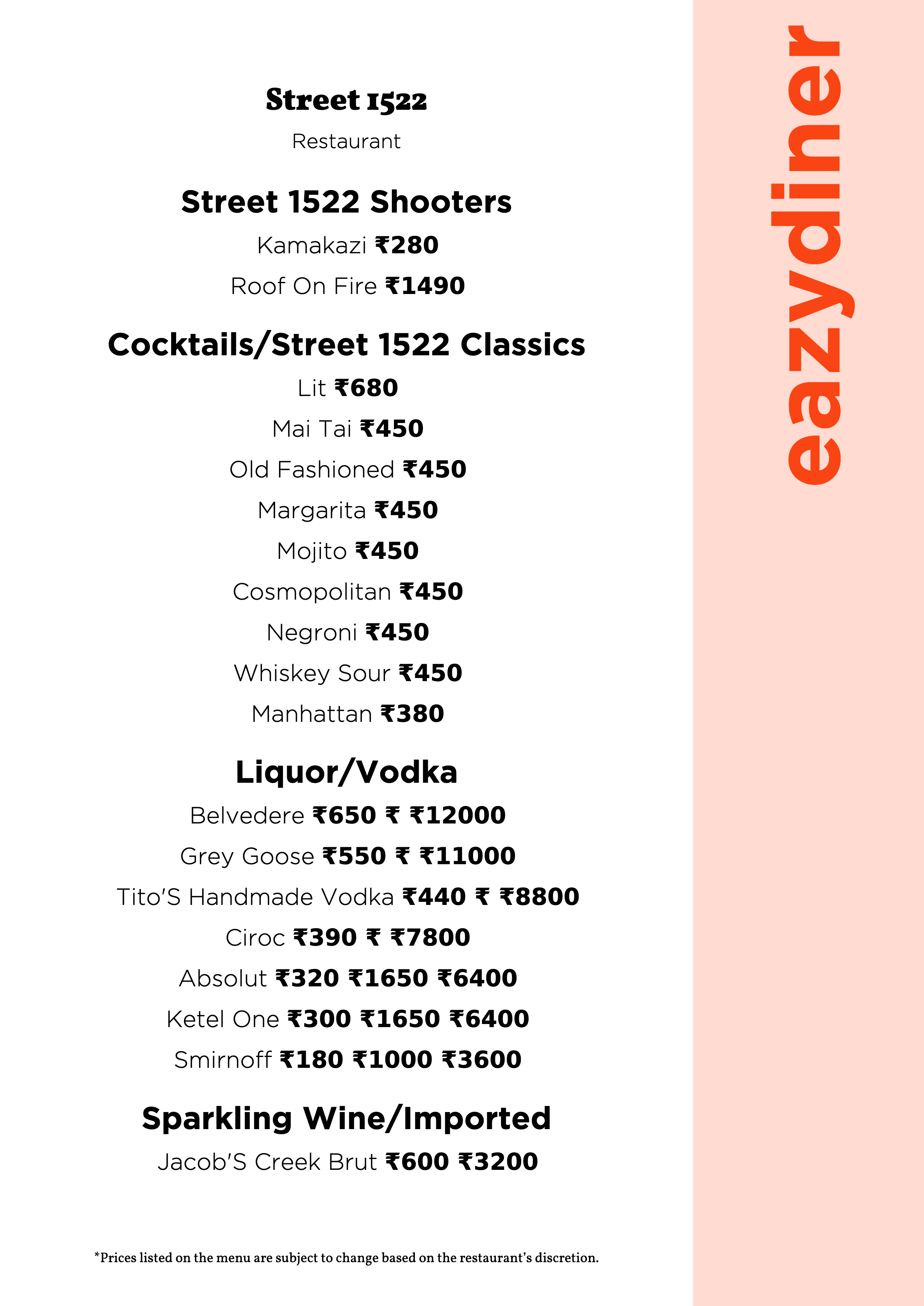 Menu of Street 1522, Sarjapur Road, South Bengaluru