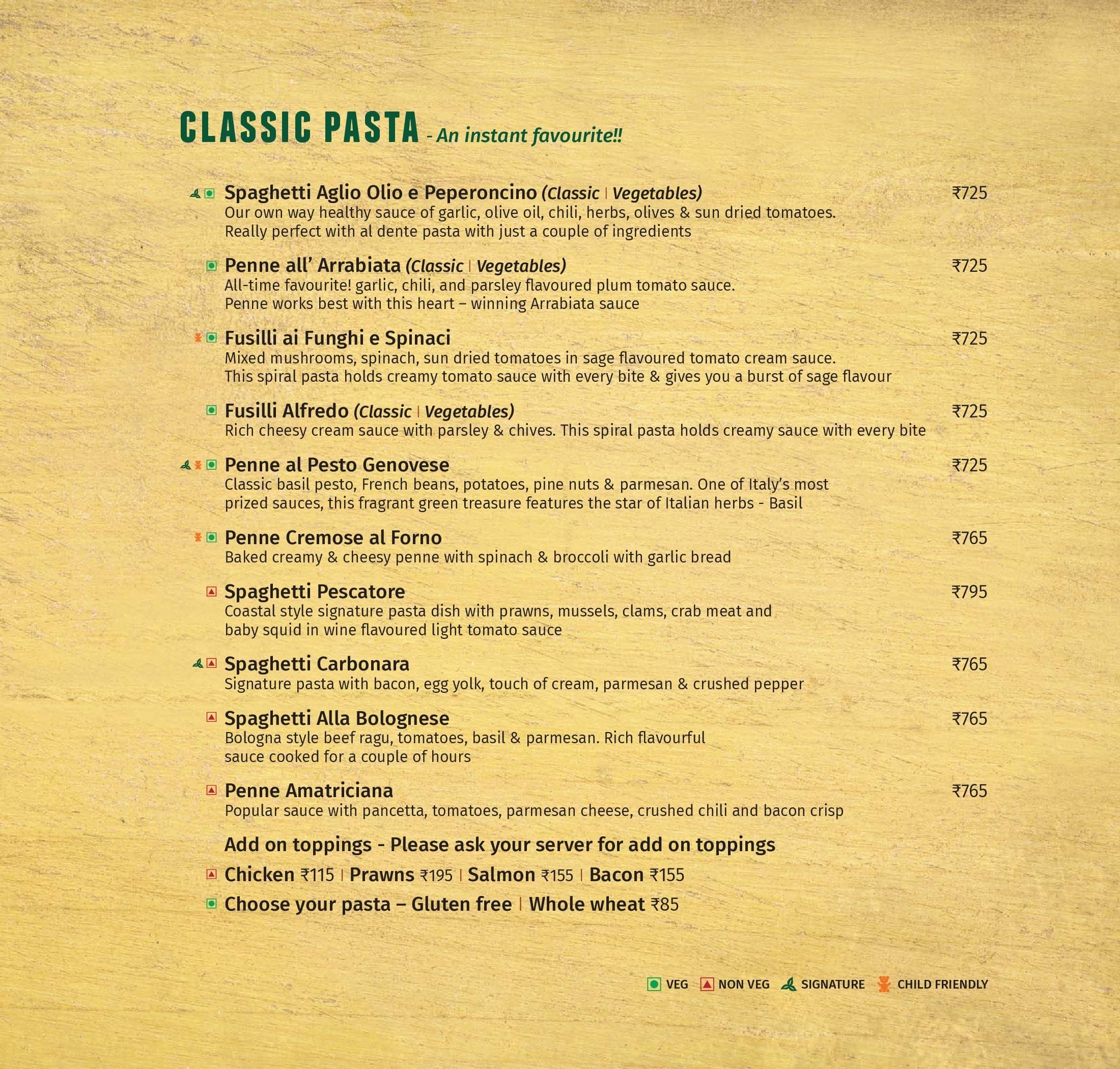 Menu of Toscano, Phoenix Market City, Chennai