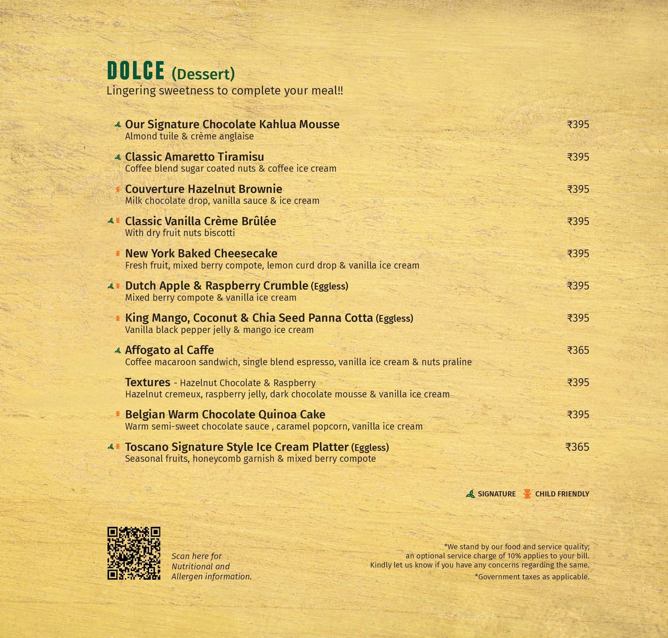 Menu of Toscano, Phoenix Market City, Chennai
