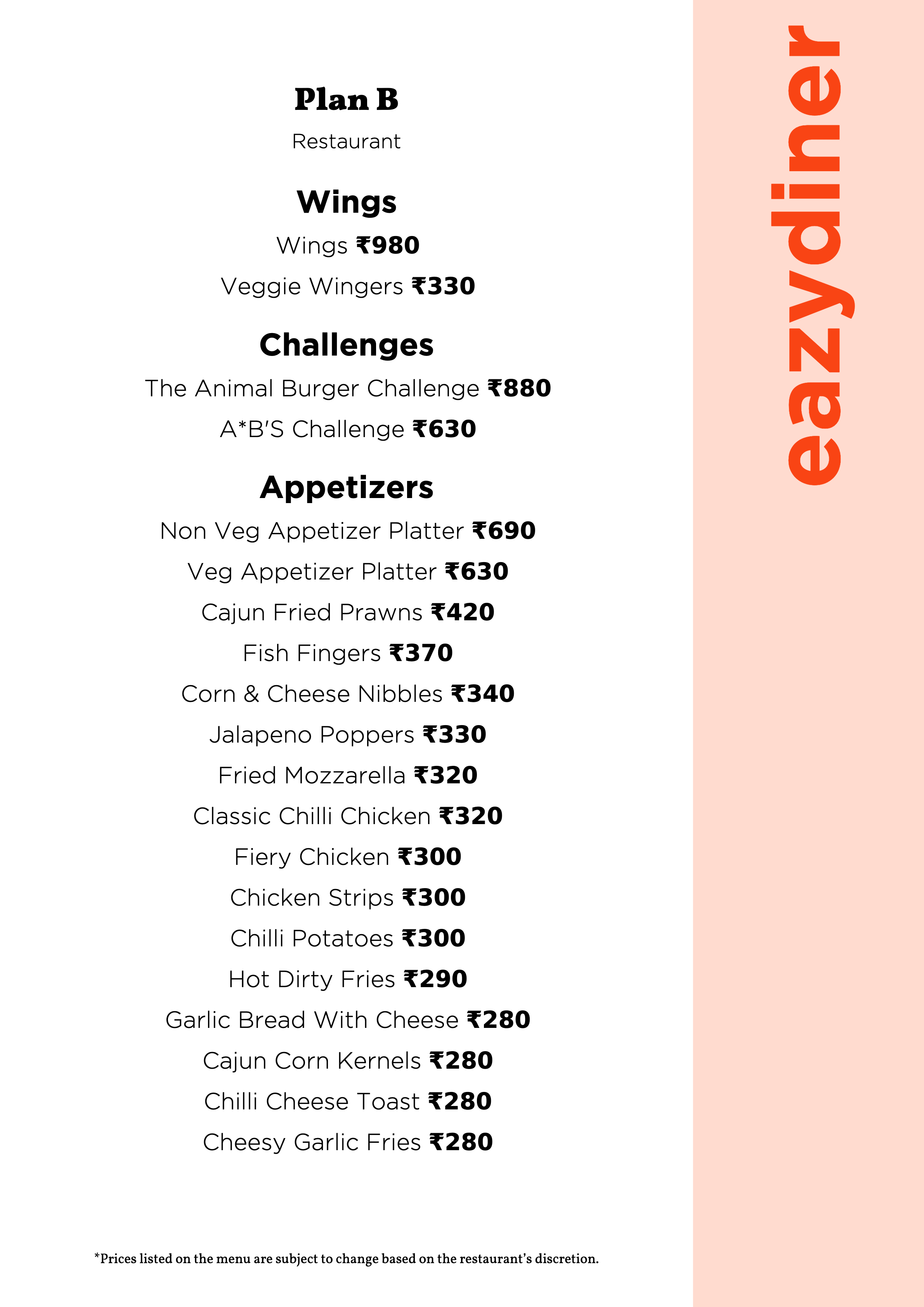 Menu of Plan B, Electronic City, South Bengaluru