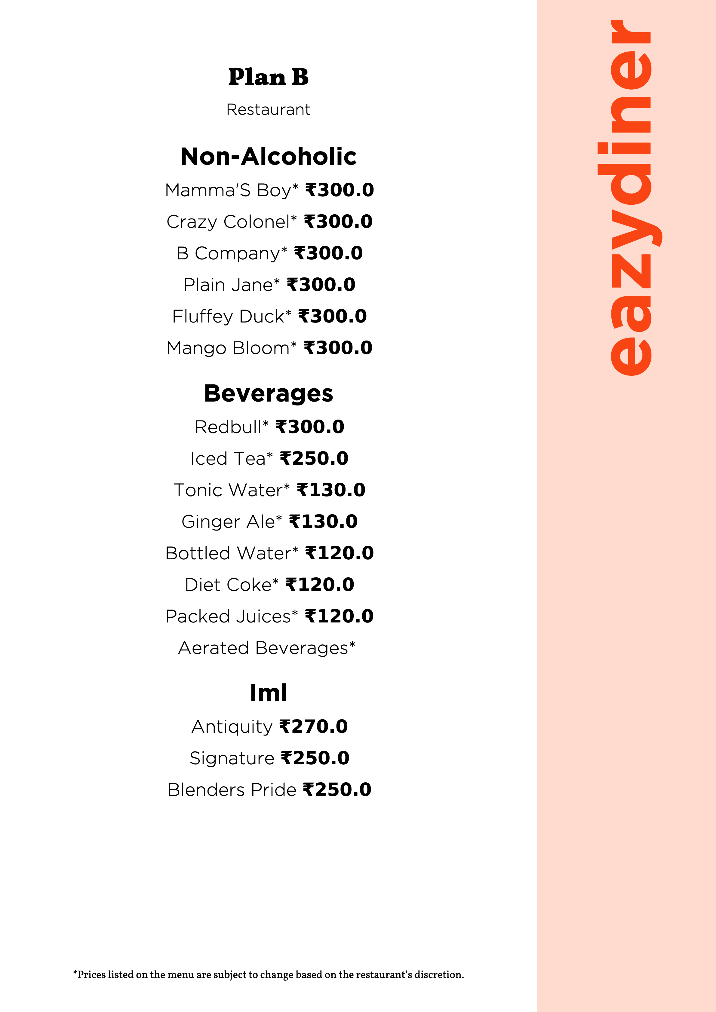 Menu of Plan B, Electronic City, South Bengaluru