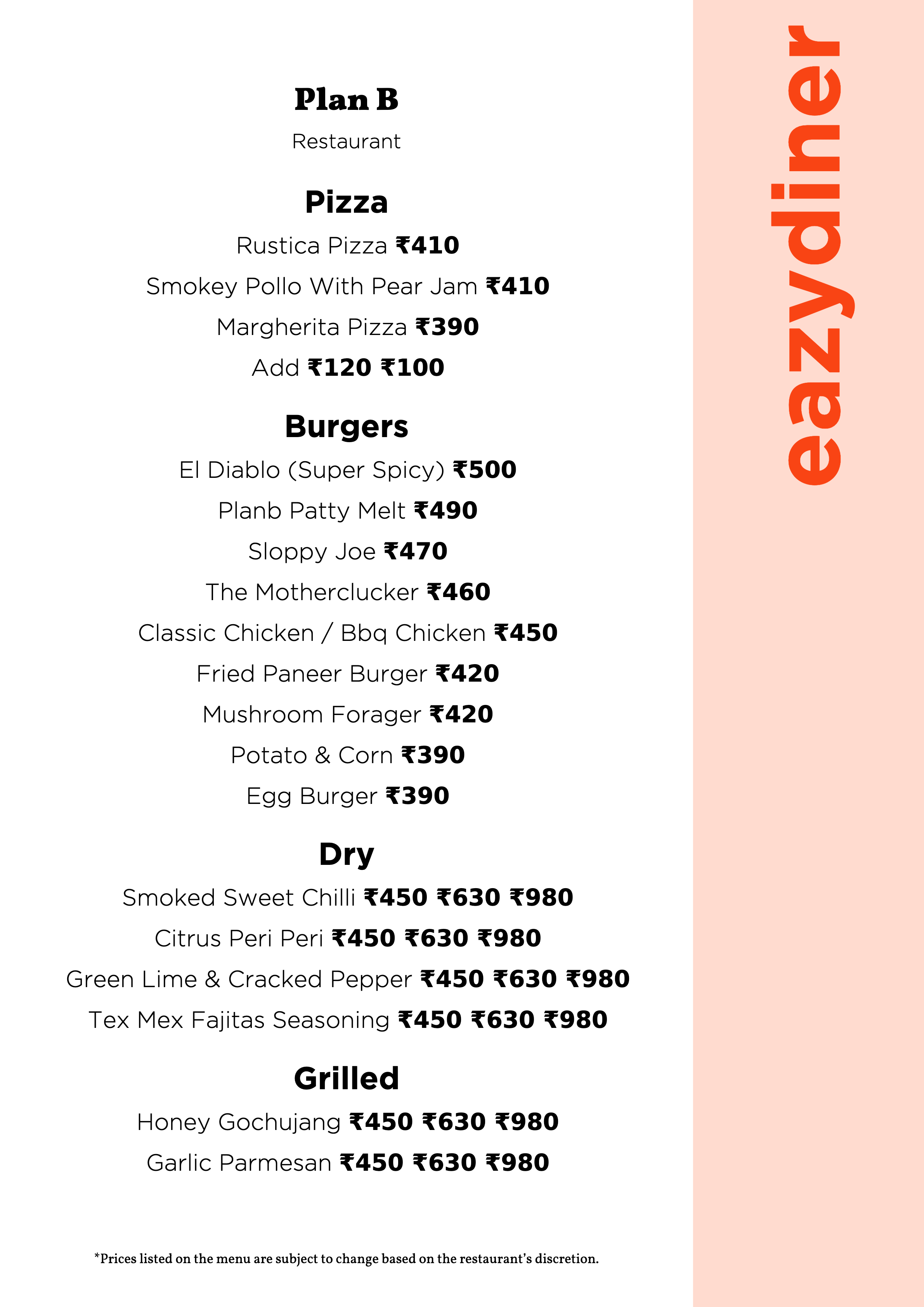 Menu of Plan B, Electronic City, South Bengaluru