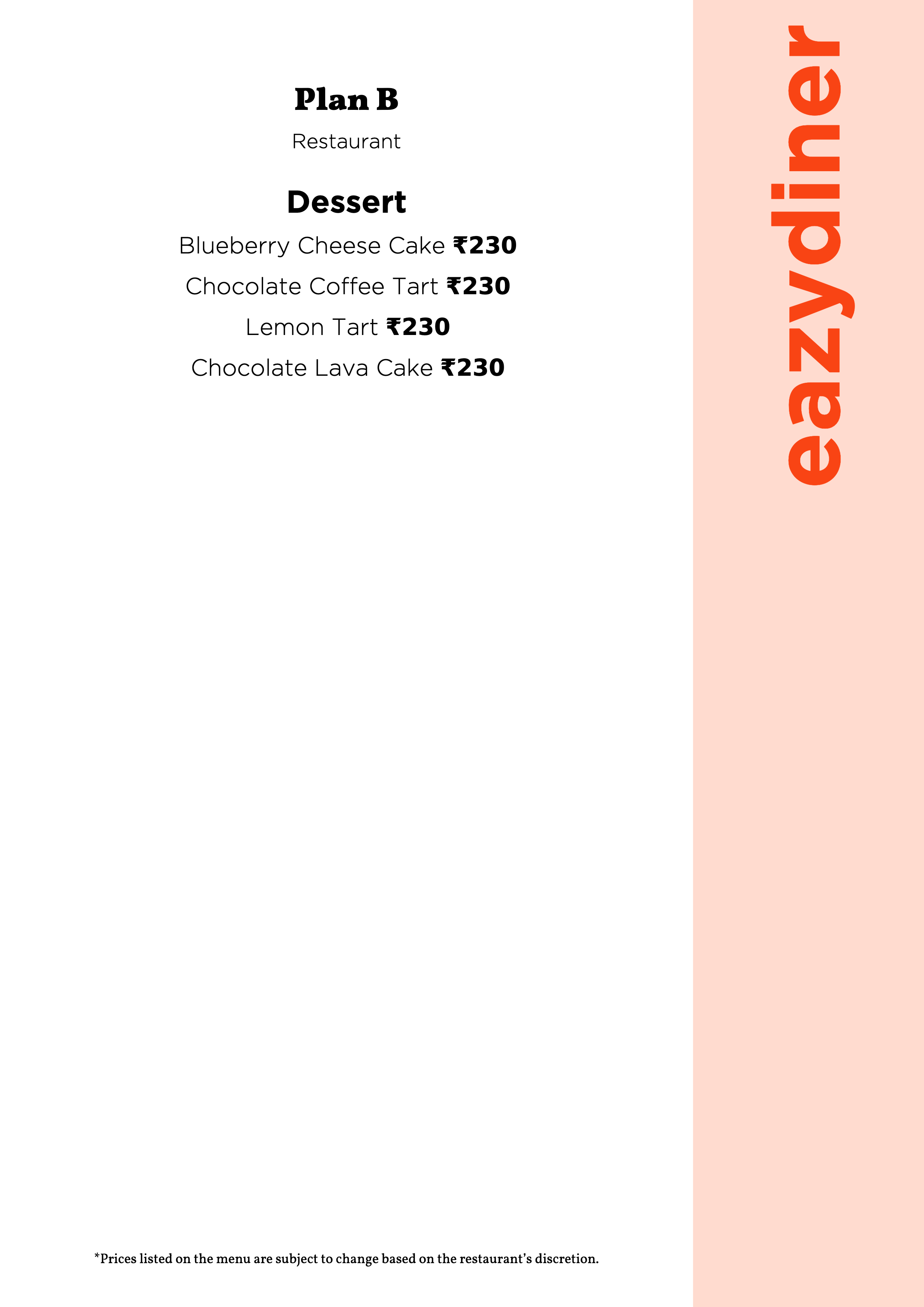 Menu of Plan B, Electronic City, South Bengaluru