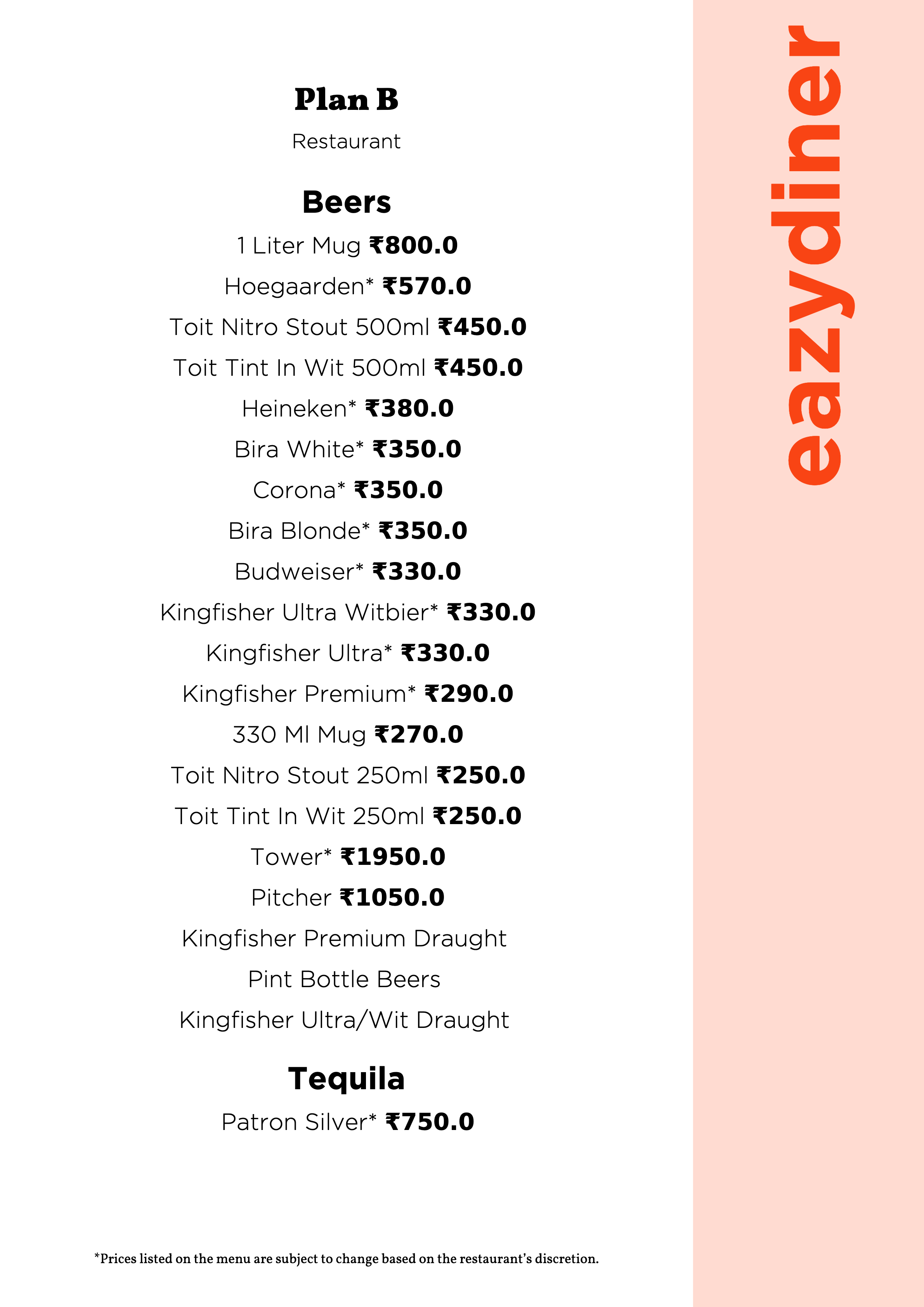 Menu of Plan B, Electronic City, South Bengaluru