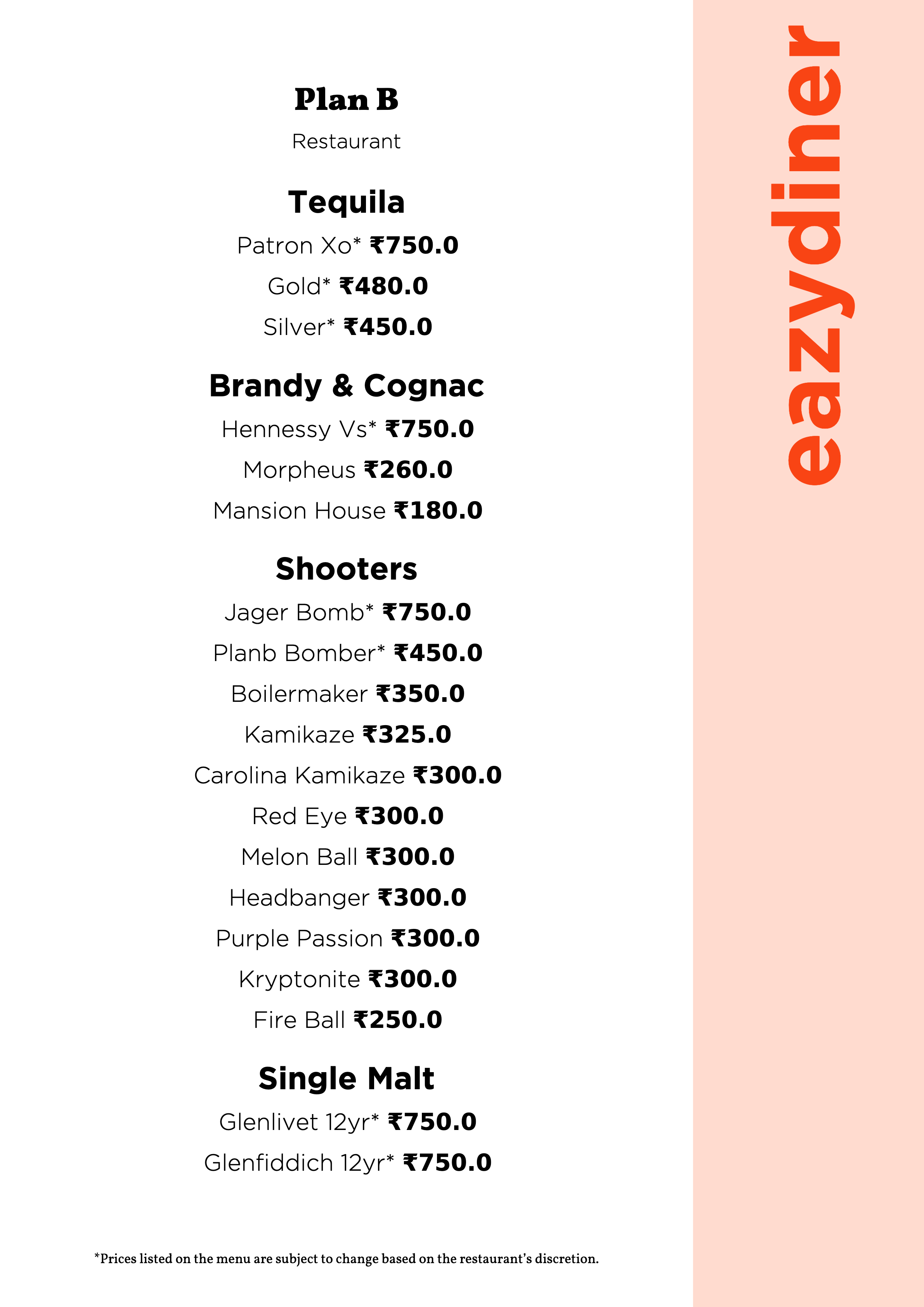 Menu of Plan B, Electronic City, South Bengaluru
