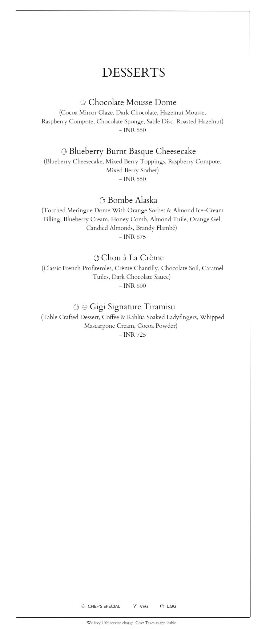Menu of Gigi, Bandra West, Western Suburbs