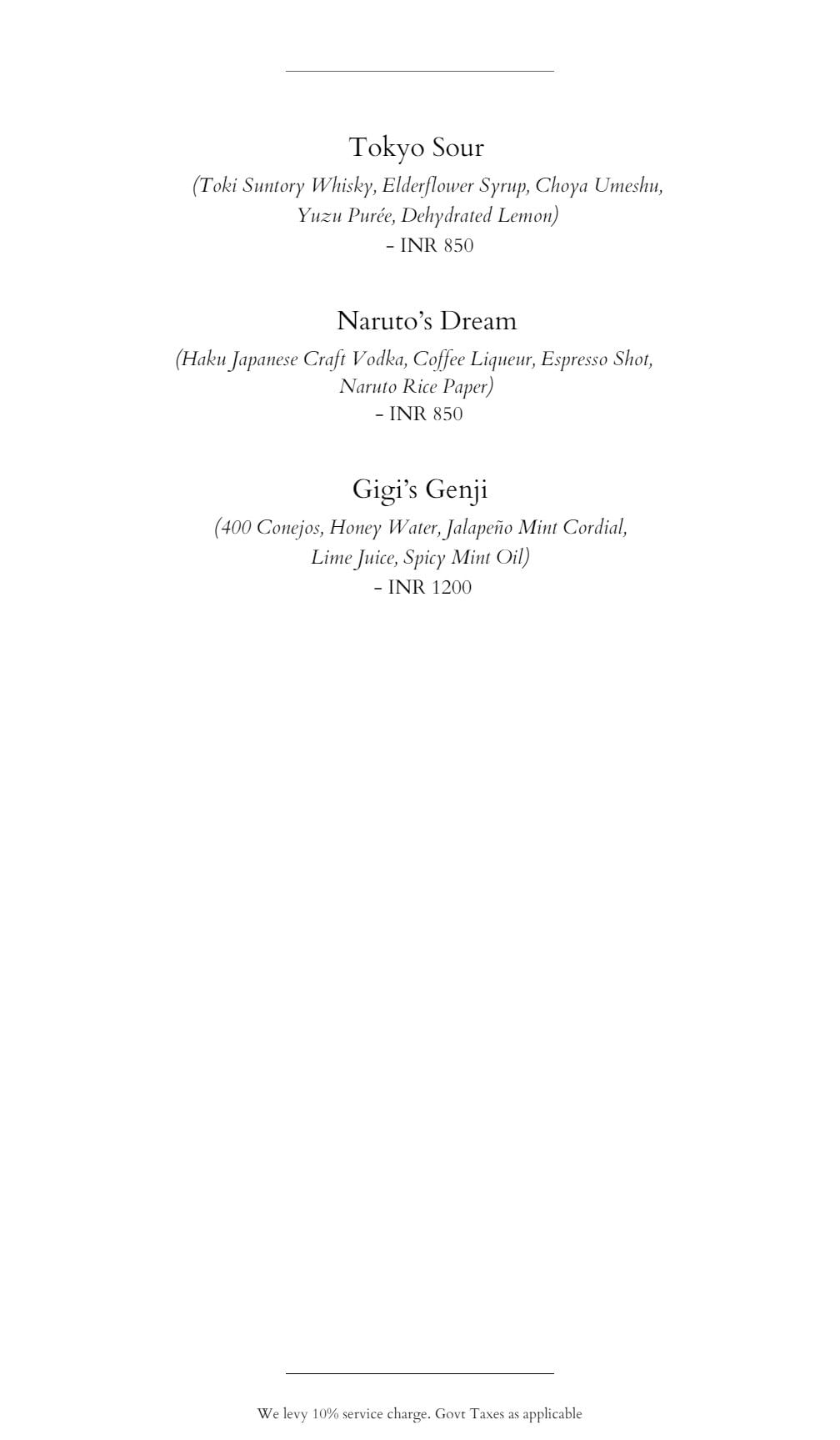 Menu of Gigi, Bandra West, Western Suburbs