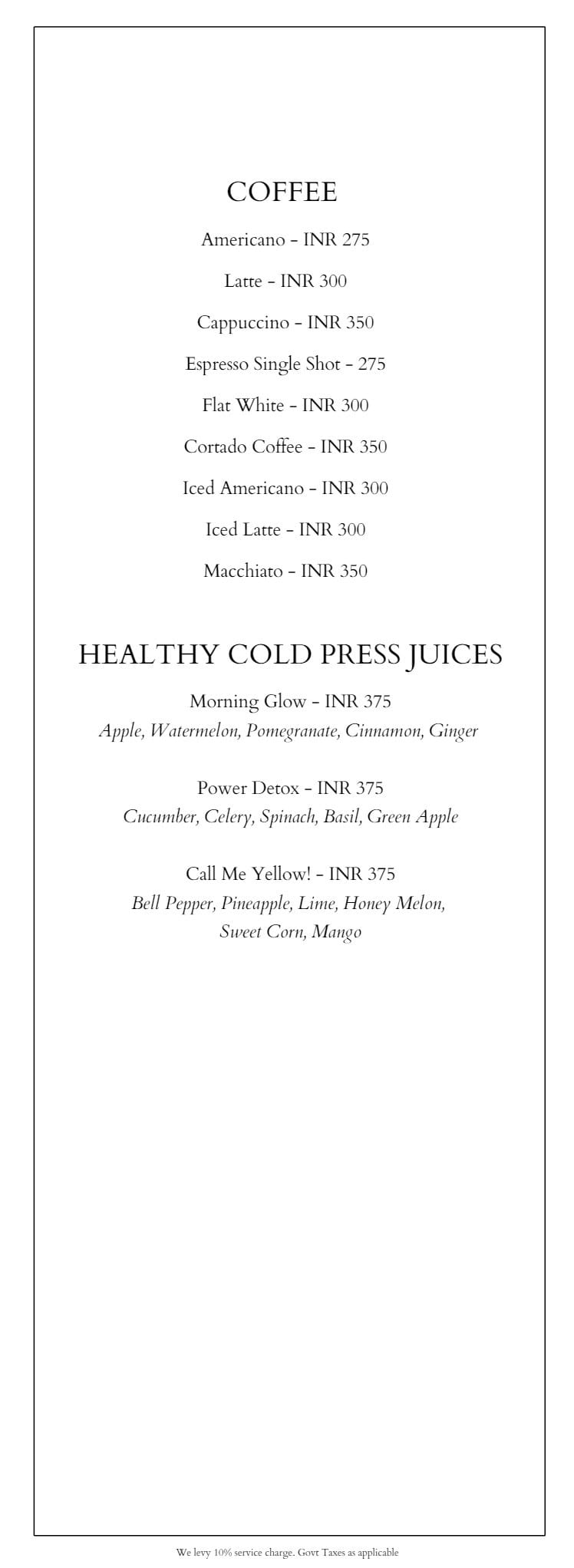 Menu of Gigi, Bandra West, Western Suburbs