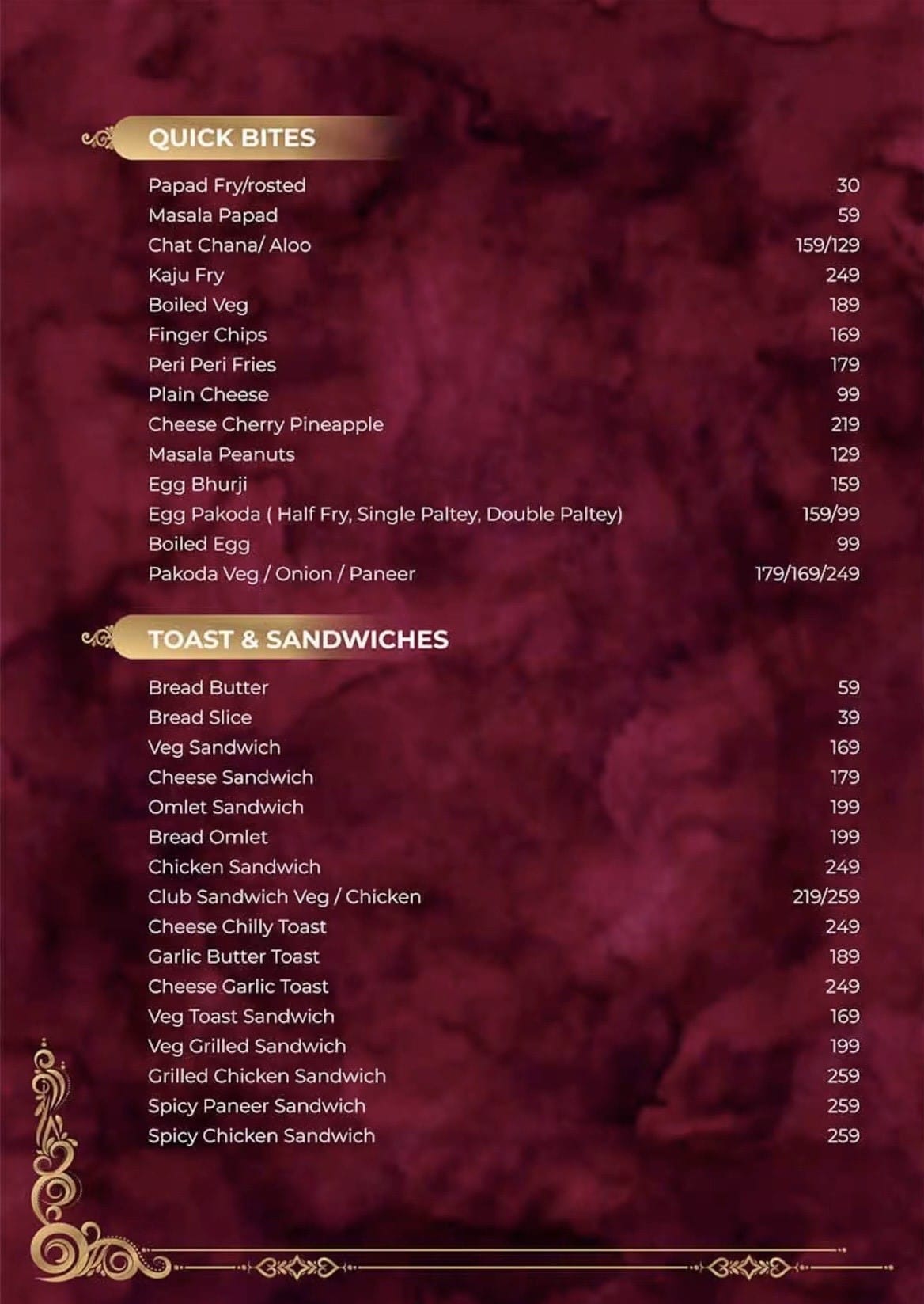 Menu of Sky Deck, Pimpri-Chinchwad, Pune