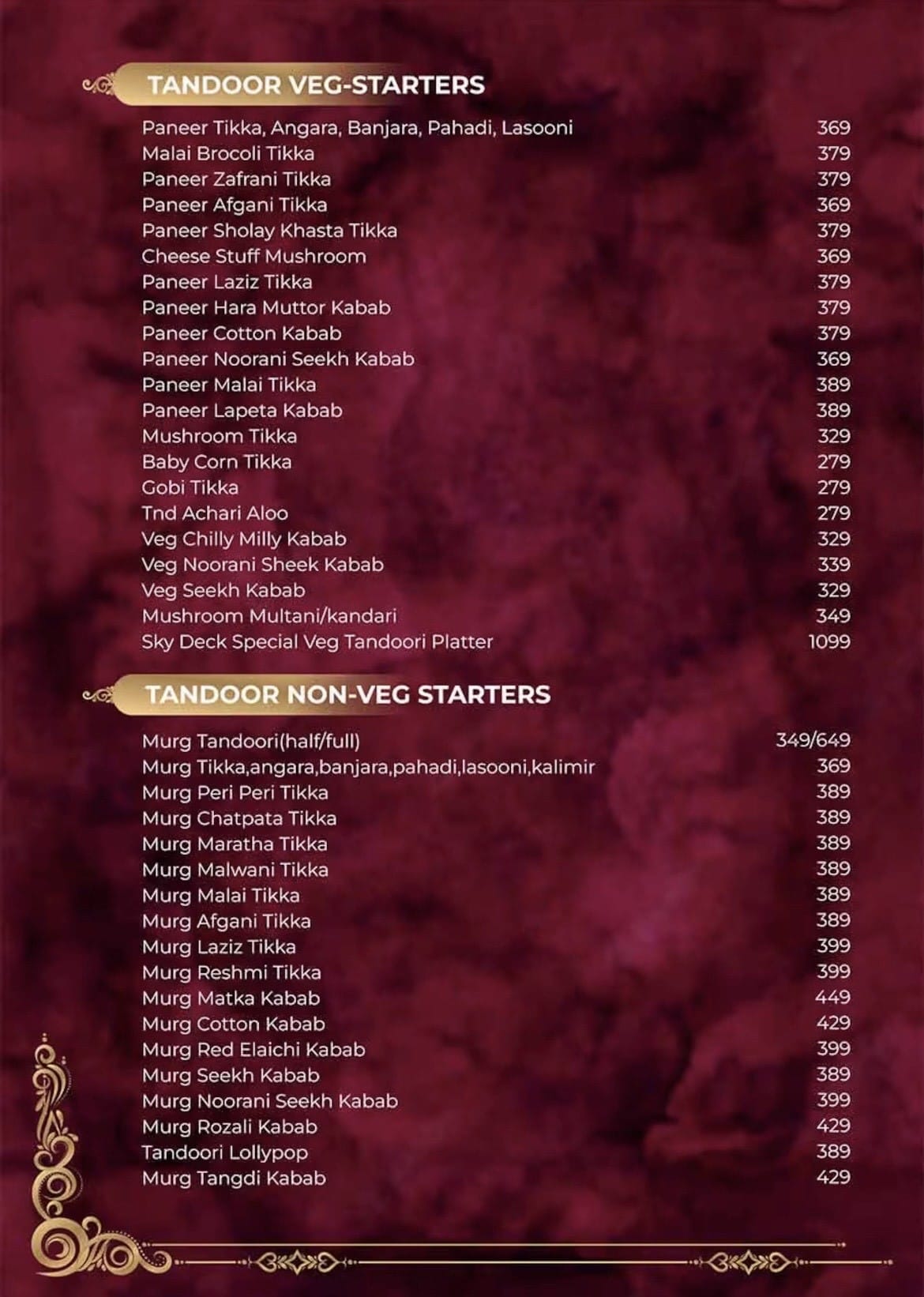 Menu of Sky Deck, Pimpri-Chinchwad, Pune