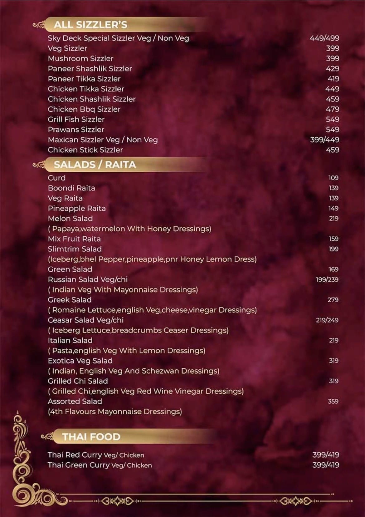 Menu of Sky Deck, Pimpri-Chinchwad, Pune
