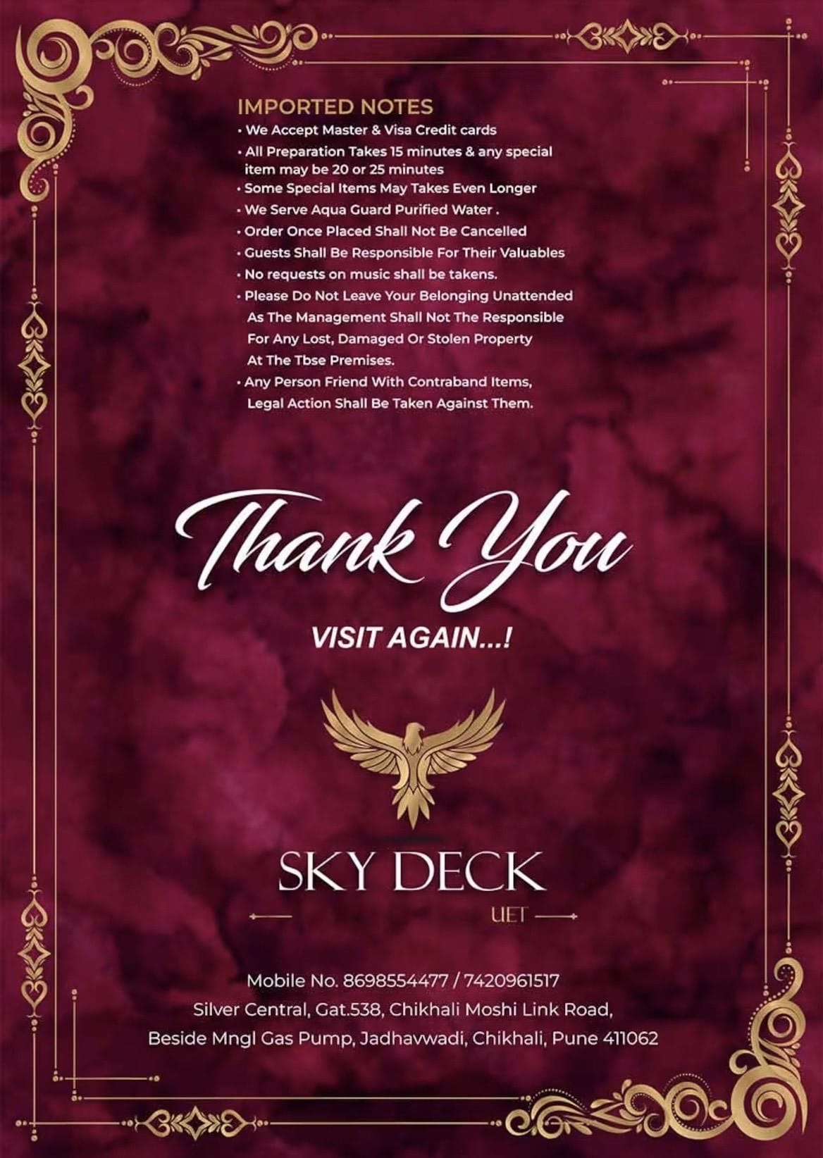 Menu of Sky Deck, Pimpri-Chinchwad, Pune