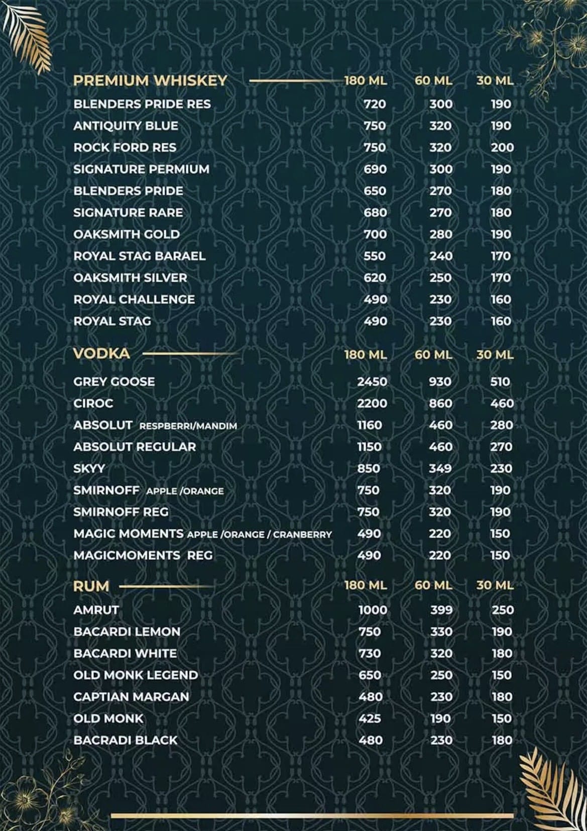 Menu of Sky Deck, Pimpri-Chinchwad, Pune