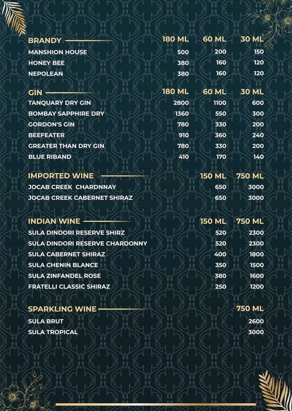 Menu of Sky Deck, Pimpri-Chinchwad, Pune