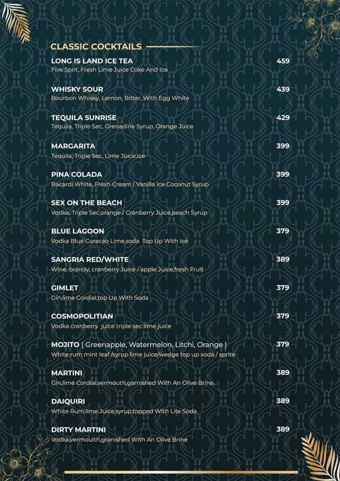Menu of Sky Deck, Pimpri-Chinchwad, Pune
