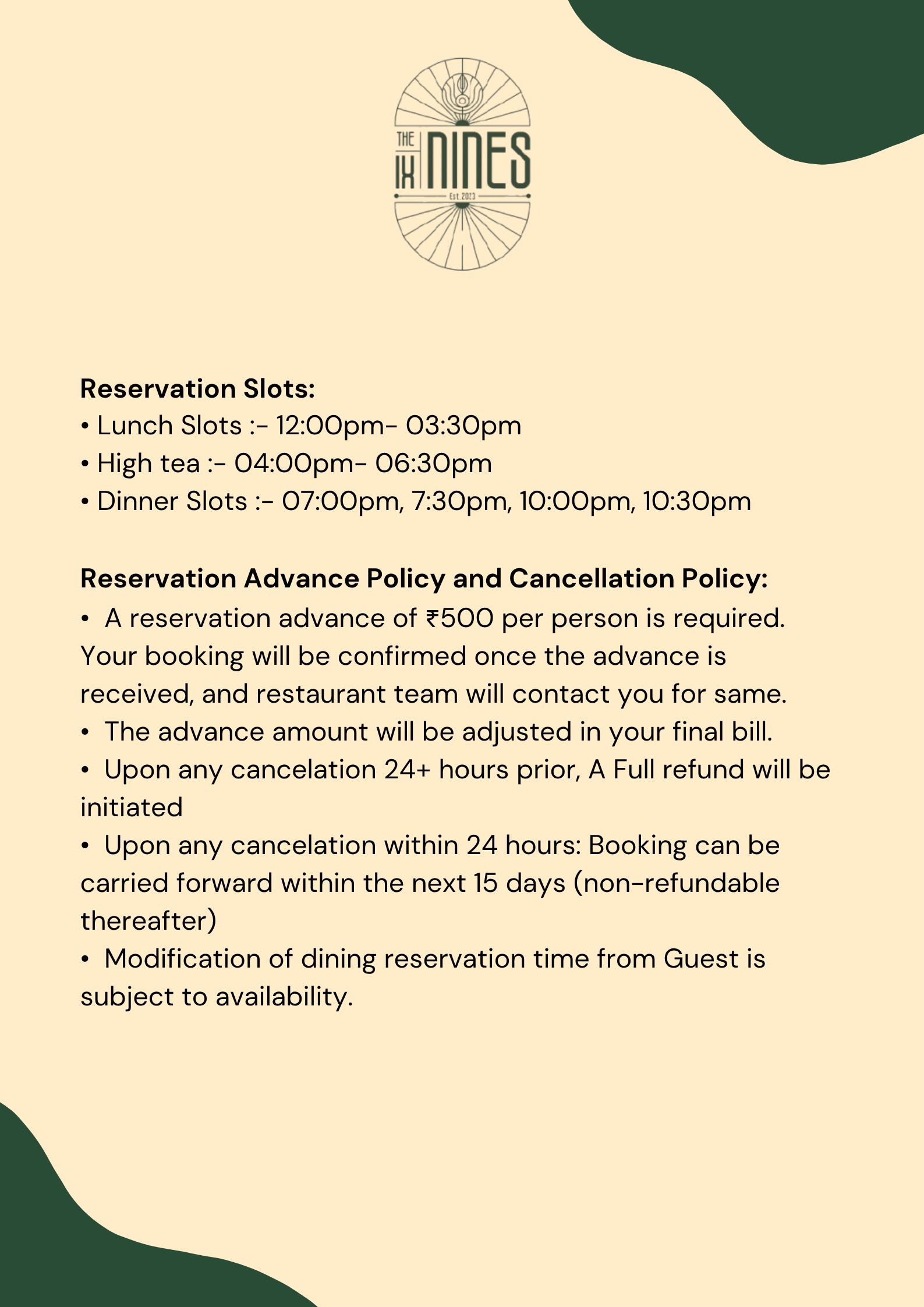 Menu of The Nines, Juhu, Western Suburbs