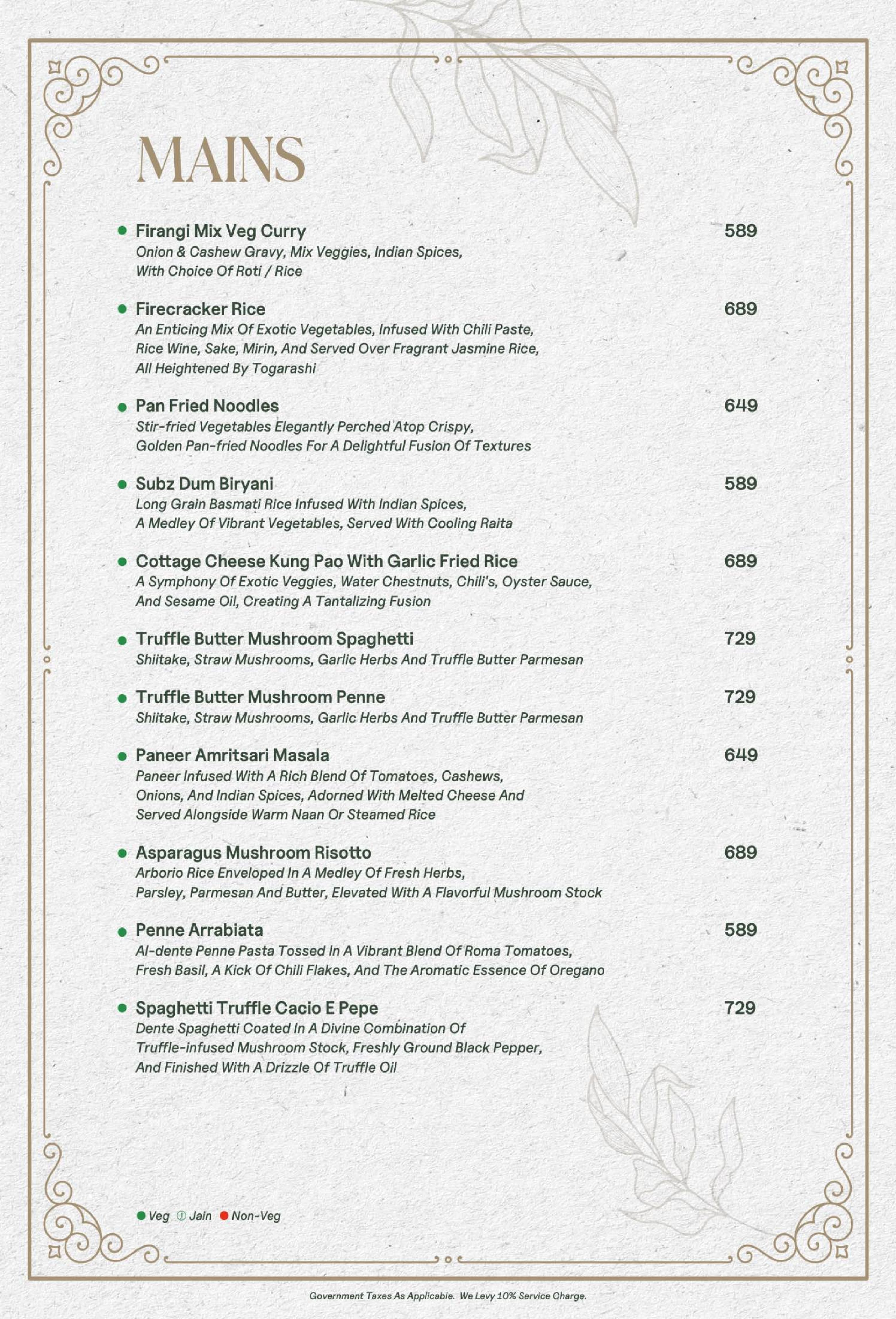 Menu of The Nines, Juhu, Western Suburbs