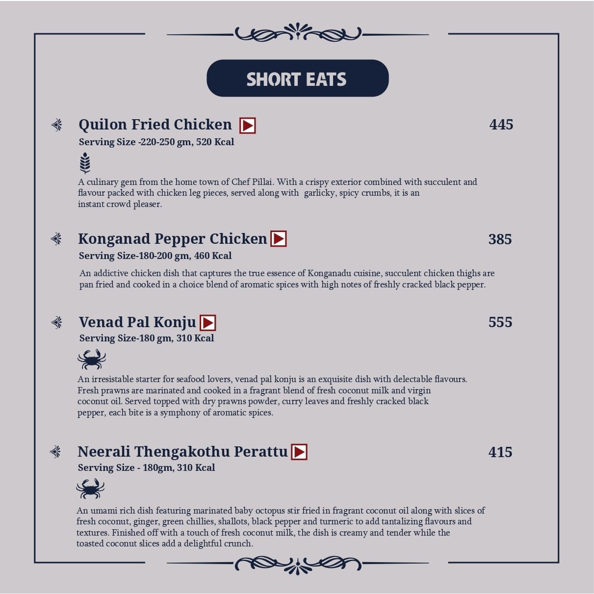 Menu of Restaurant Chef Pillai, Le Meridien, Kochi