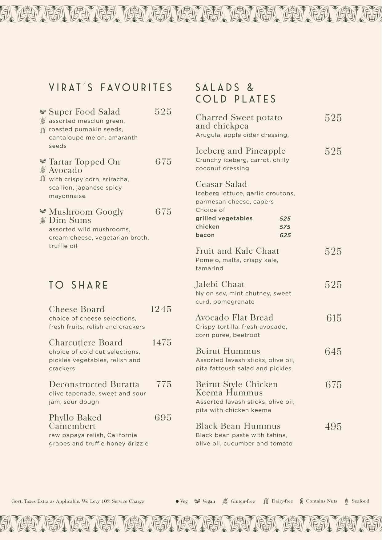 Menu of one8 Commune, MG Road, Central Bengaluru