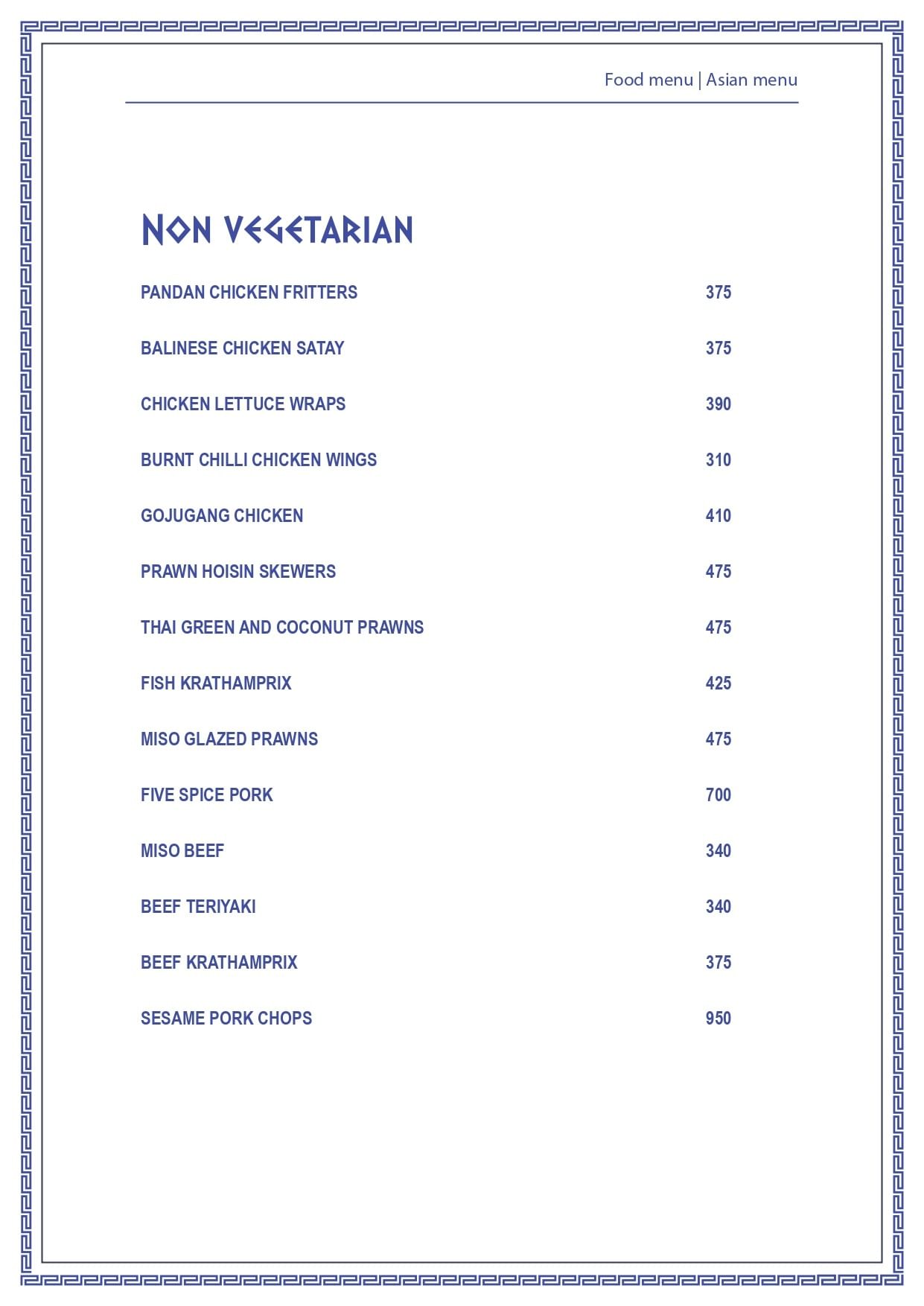 Menu of The Beach Terrace, Injambakkam, Chennai