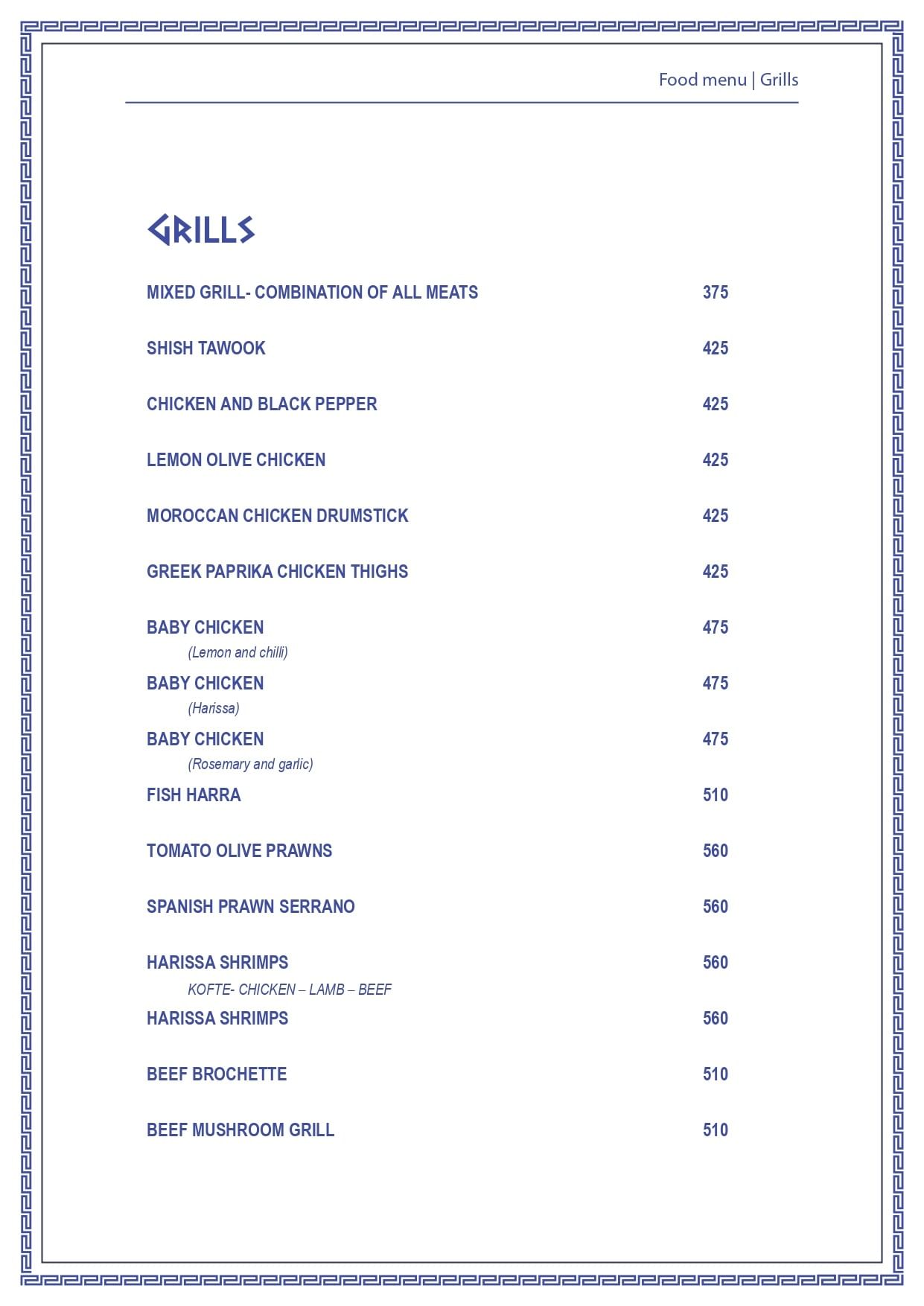 Menu of The Beach Terrace, Injambakkam, Chennai
