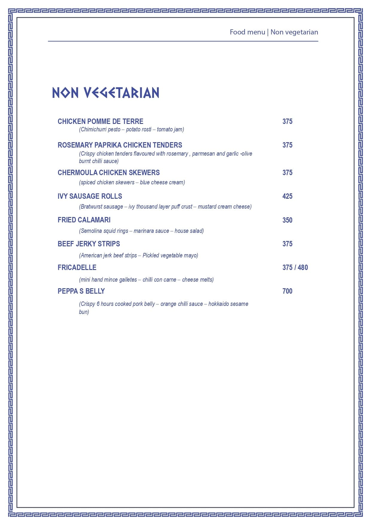 Menu of The Beach Terrace, Injambakkam, Chennai