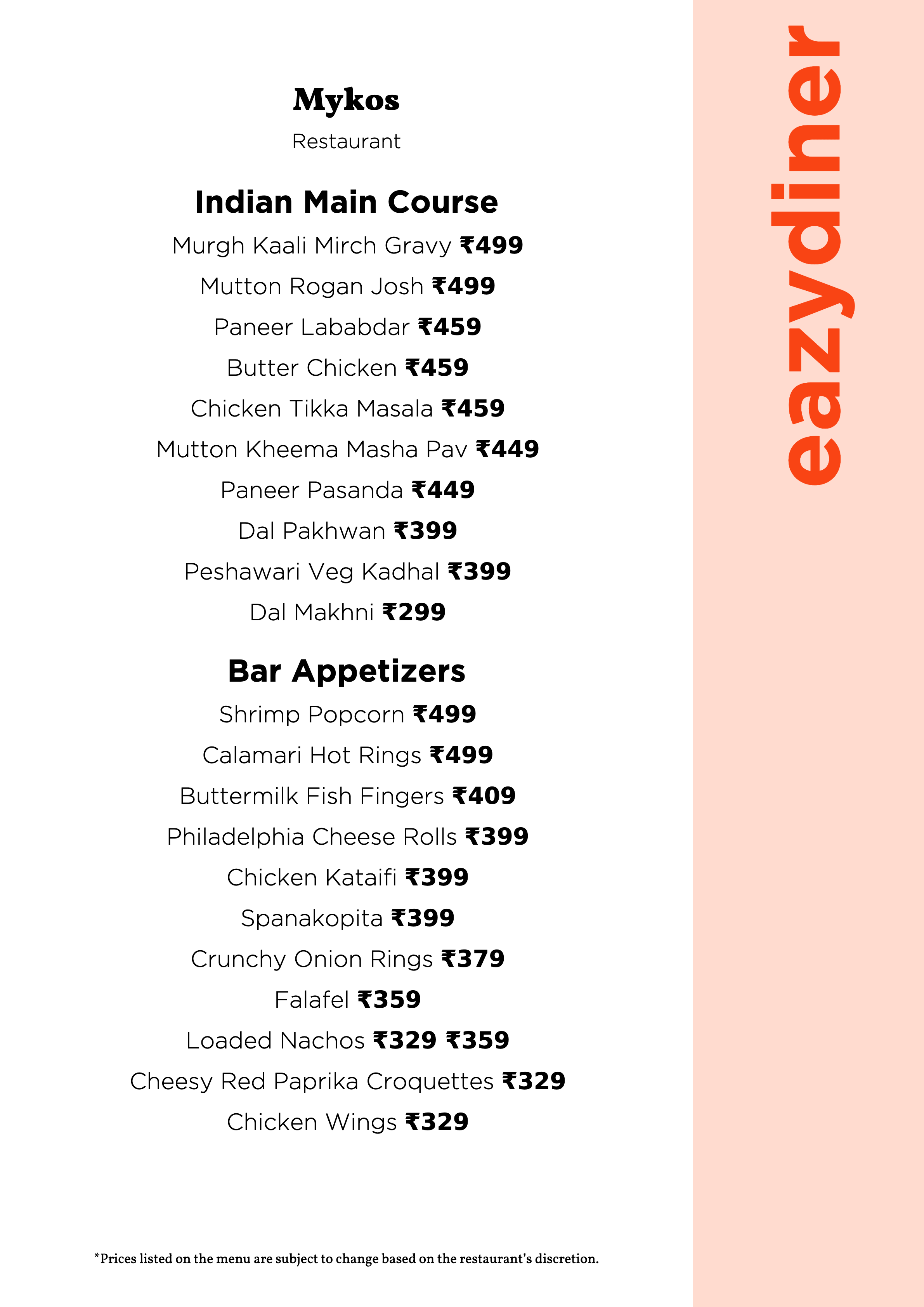 Menu of Mykos, Bannerghatta Road, South Bengaluru