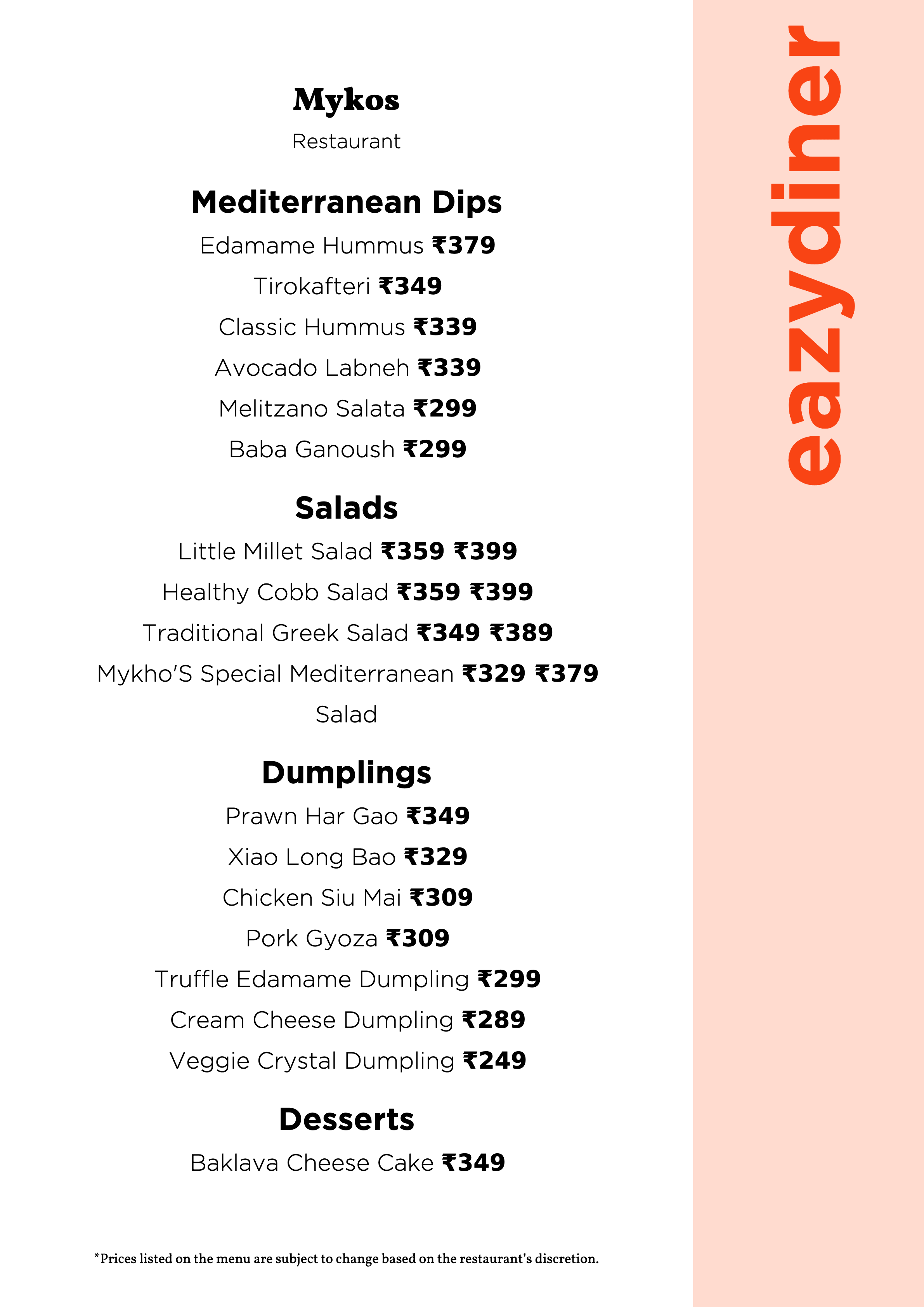 Menu of Mykos, Bannerghatta Road, South Bengaluru