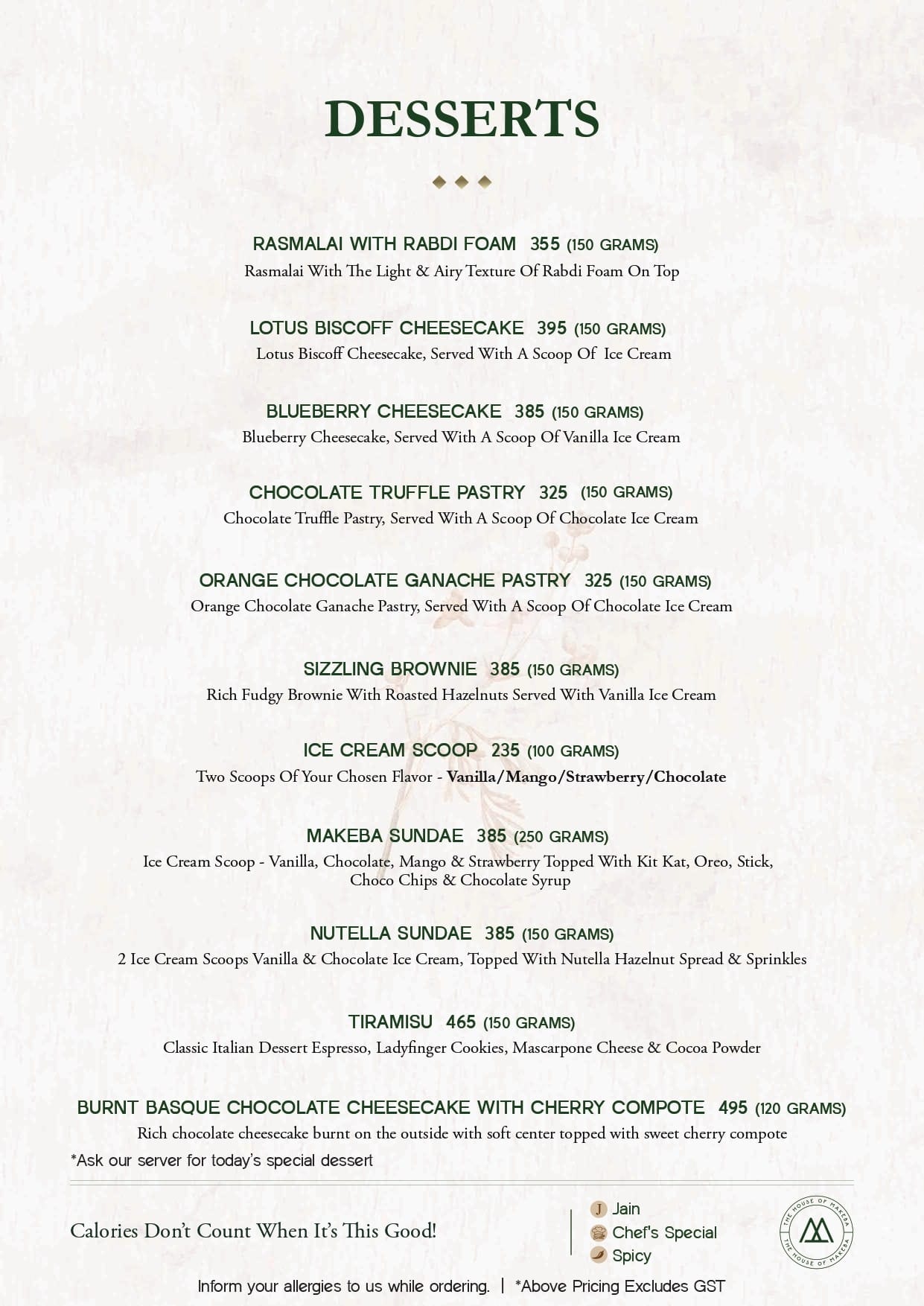 Menu of The House of Makeba, Bodakdev, West Ahmedabad