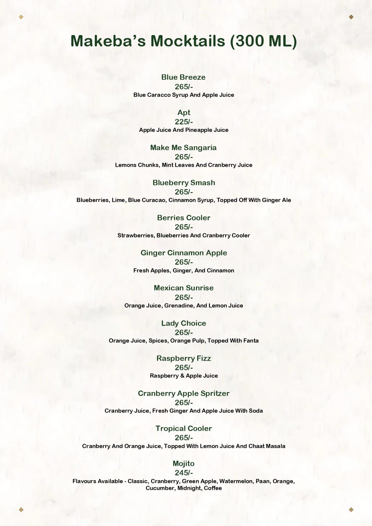 Menu of The House of Makeba, Bodakdev, West Ahmedabad