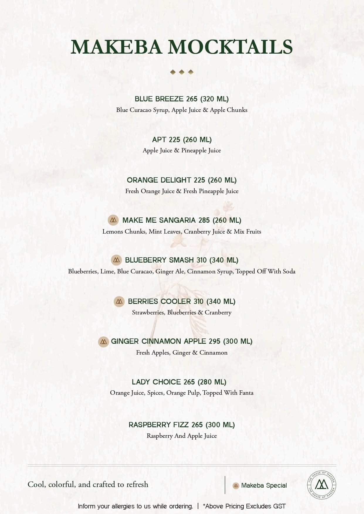 Menu of The House of Makeba, Bodakdev, West Ahmedabad