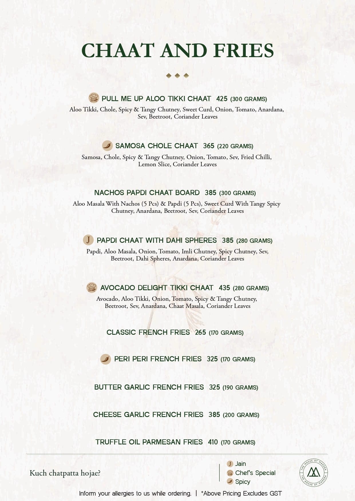 Menu of The House of Makeba, Bodakdev, West Ahmedabad