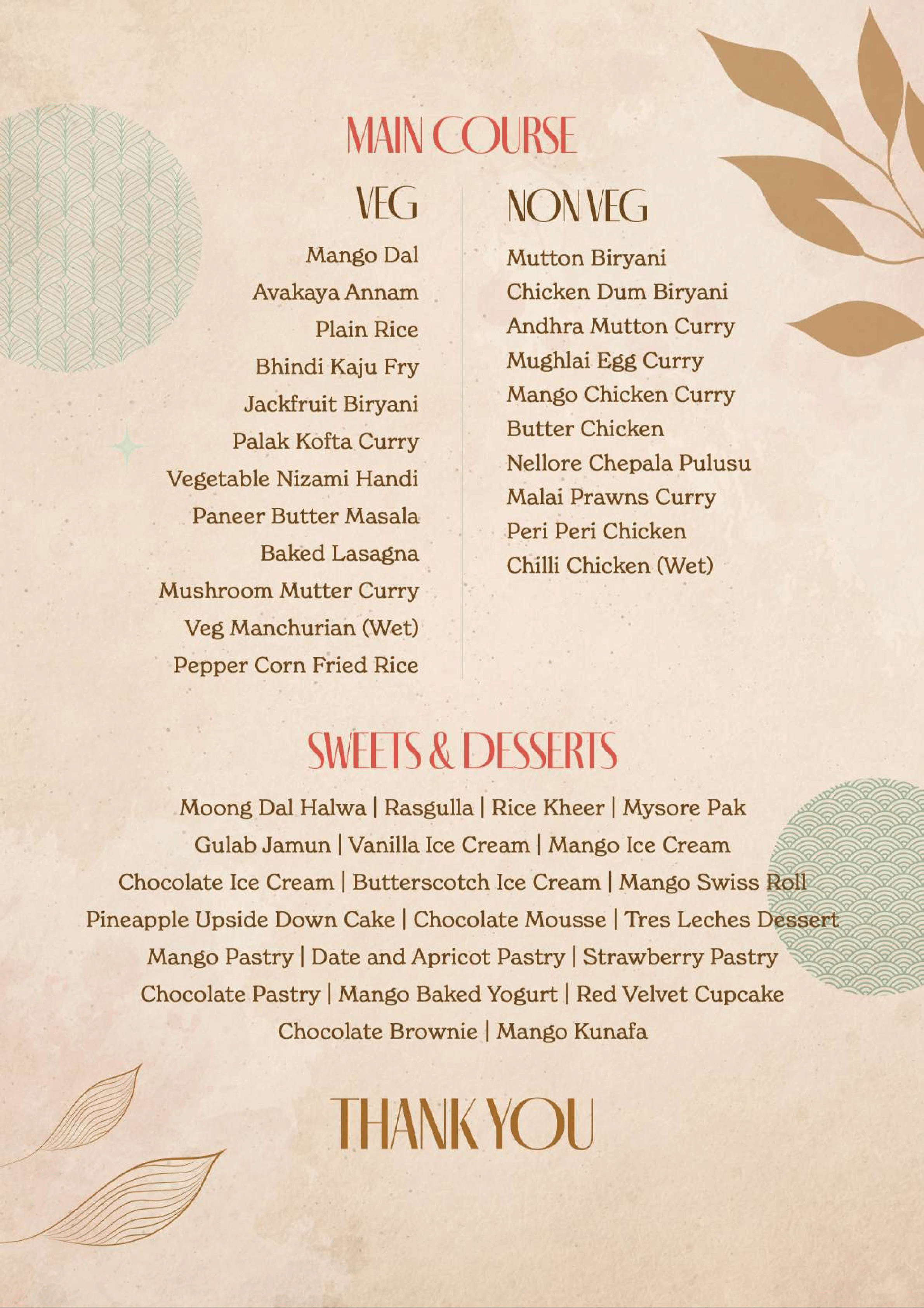 Menu of 63 Degree Modern Regional Buffet, Gachibowli, Hyderabad